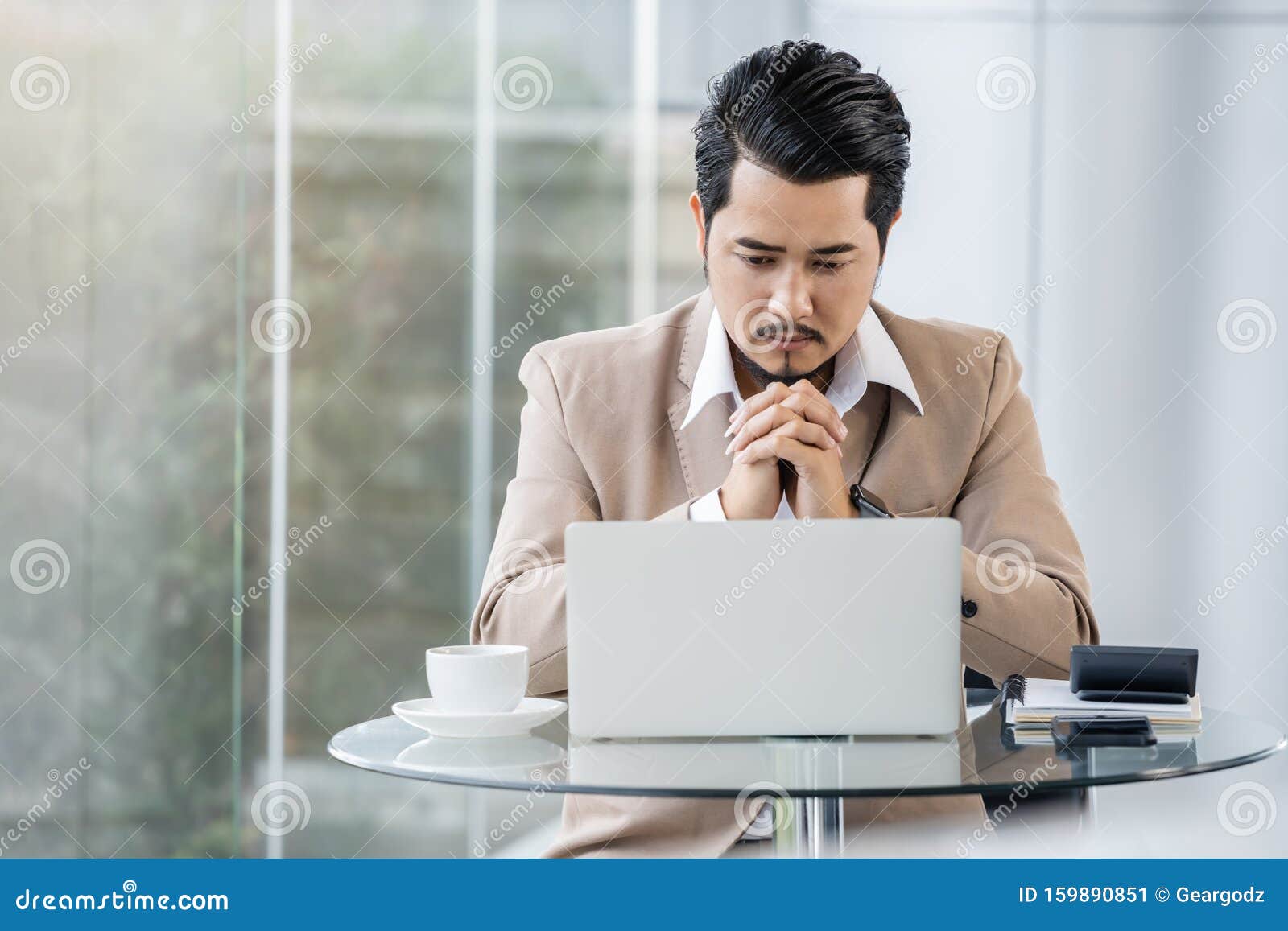 Business Man Thinking and Working with Laptop Computer Stock Image ...