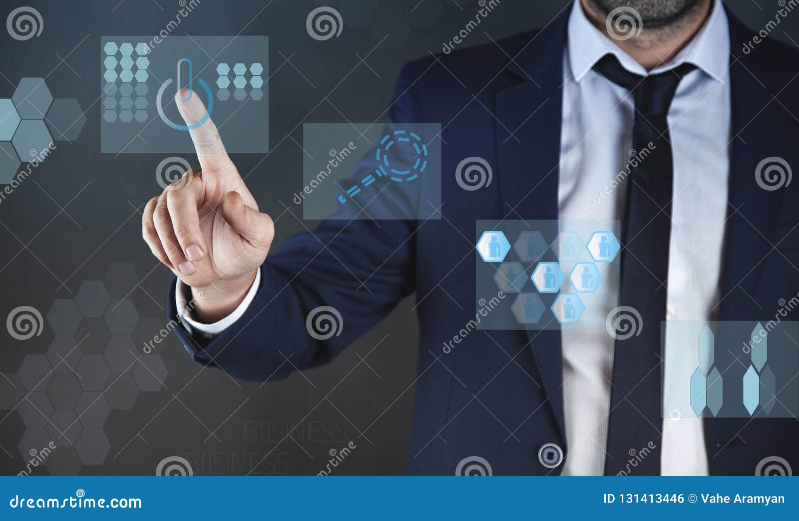 Young Business Man Touching in Virtual Screen Stock Photo - Image of ...