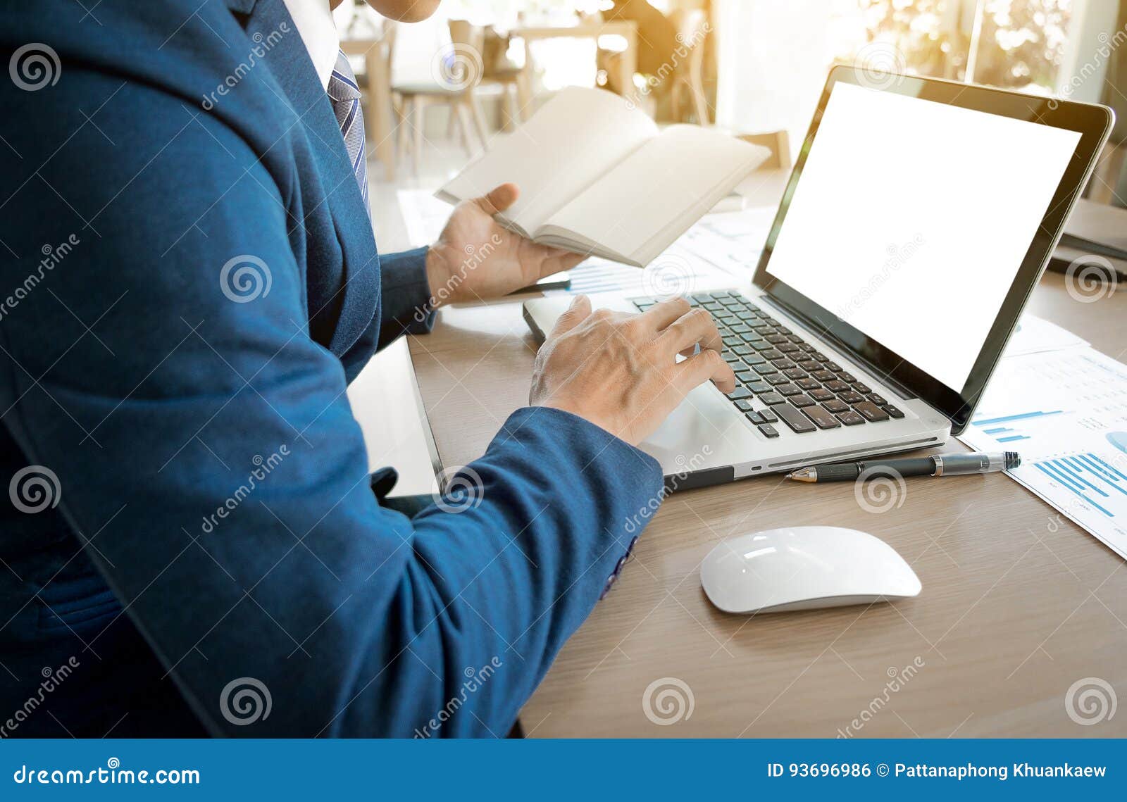 Young Business Man Working with Laptop, Book Notes, Man S Hands Stock ...