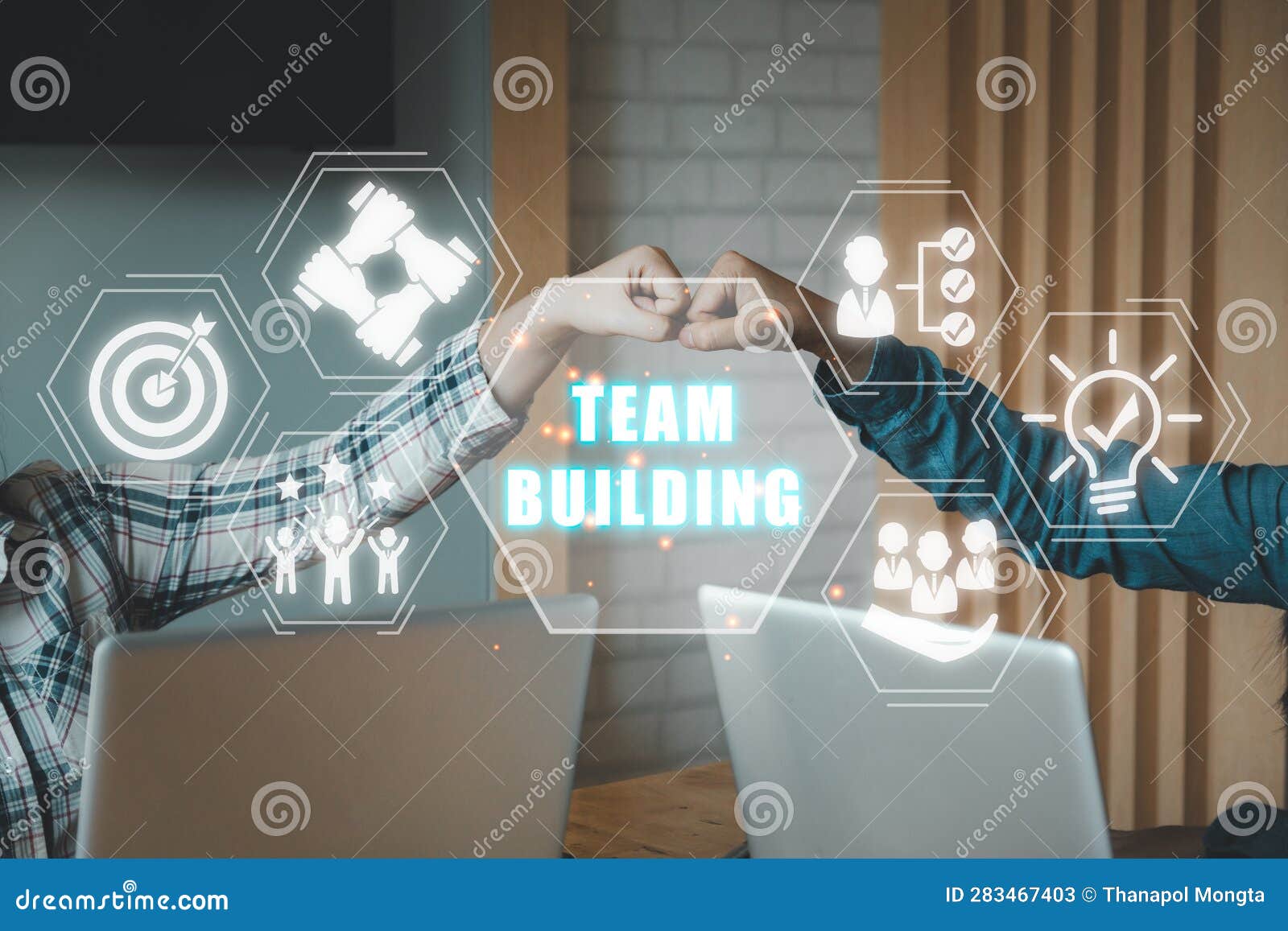 Young Business People Pump Hands with Team Building Icon on Virtual ...