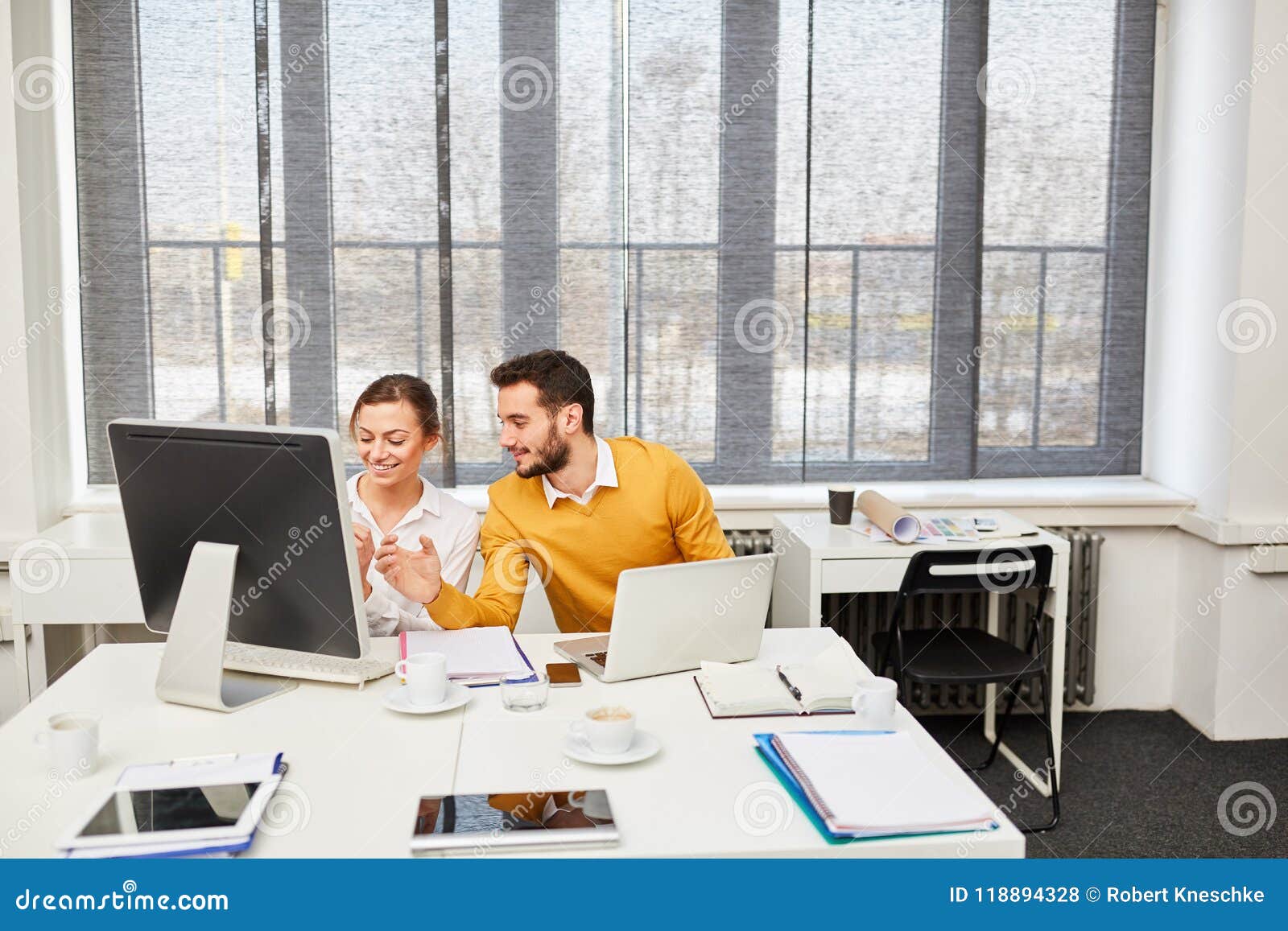 Teamwork with Computer in Cooperation Stock Photo - Image of ...