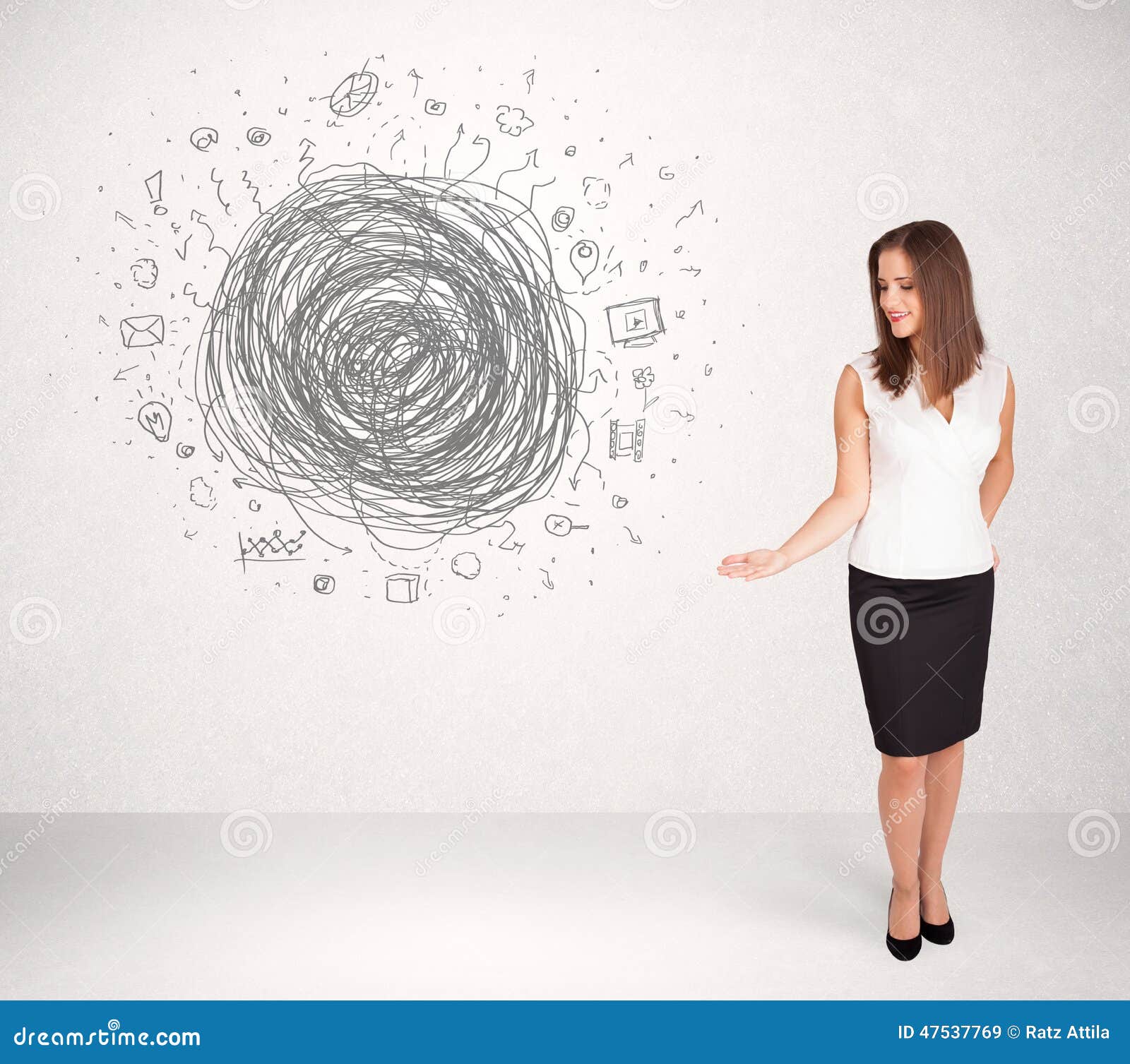 Young Business Woman with Media Doodle Scribble Stock Image - Image of ...