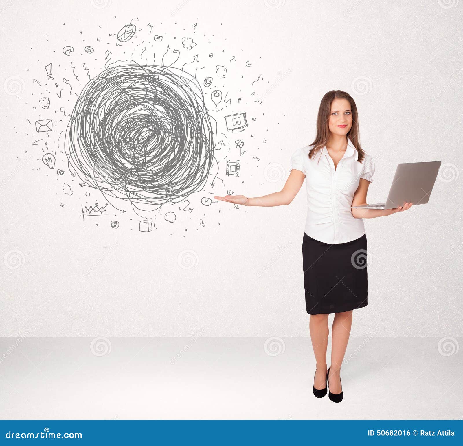 Young Business Woman with Media Doodle Scribble Stock Photo - Image of ...