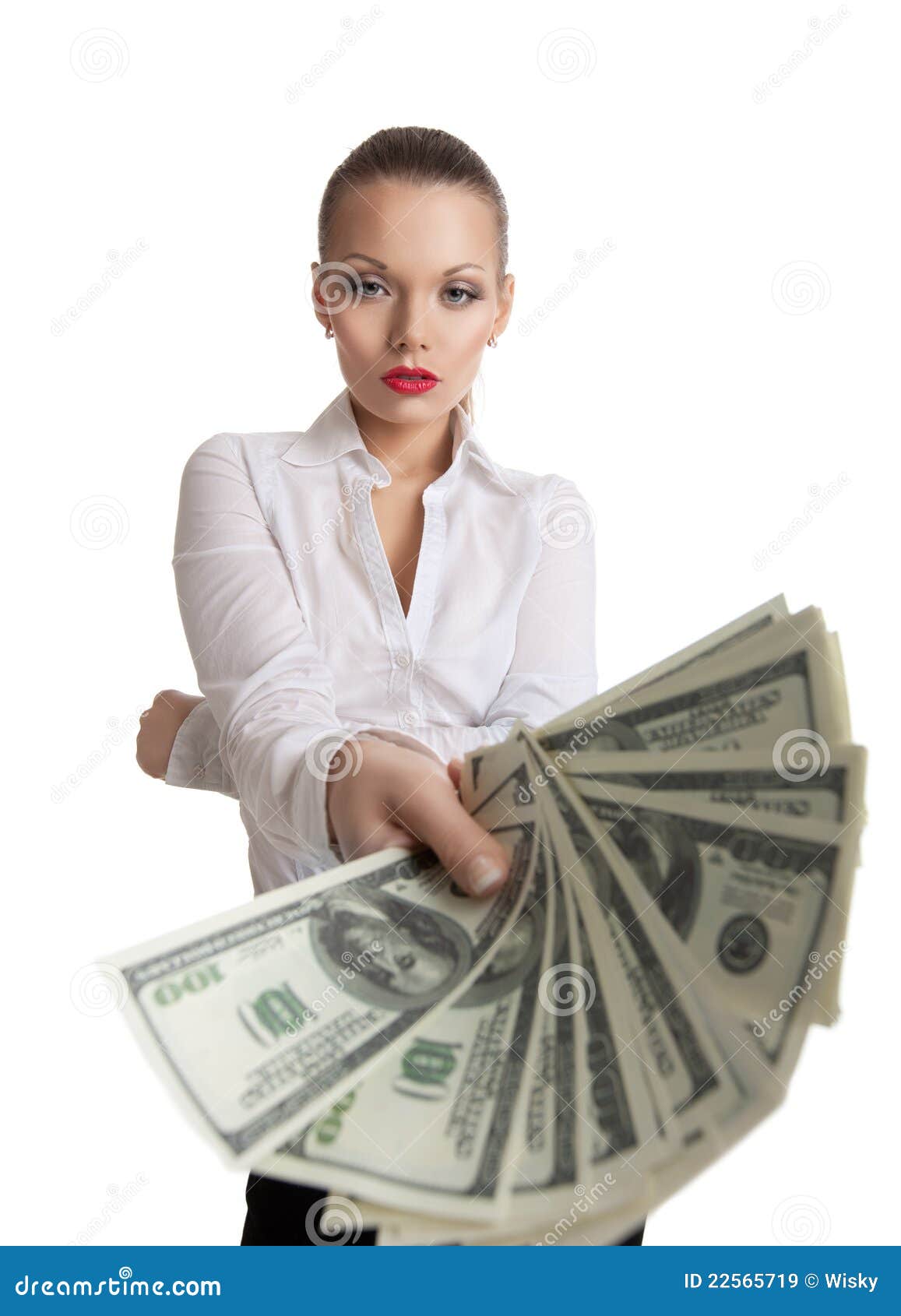 Young Business Woman Offer a Bundle of Money Stock Image - Image of ...