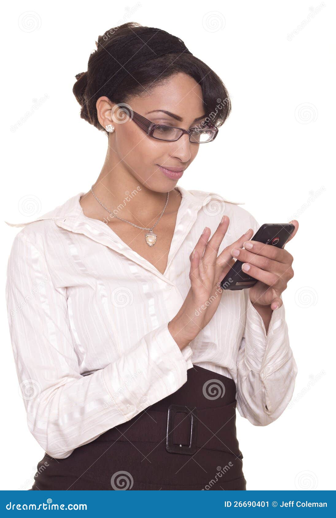 Young Business Woman Smiles while Using Her Phone. Stock Image - Image ...