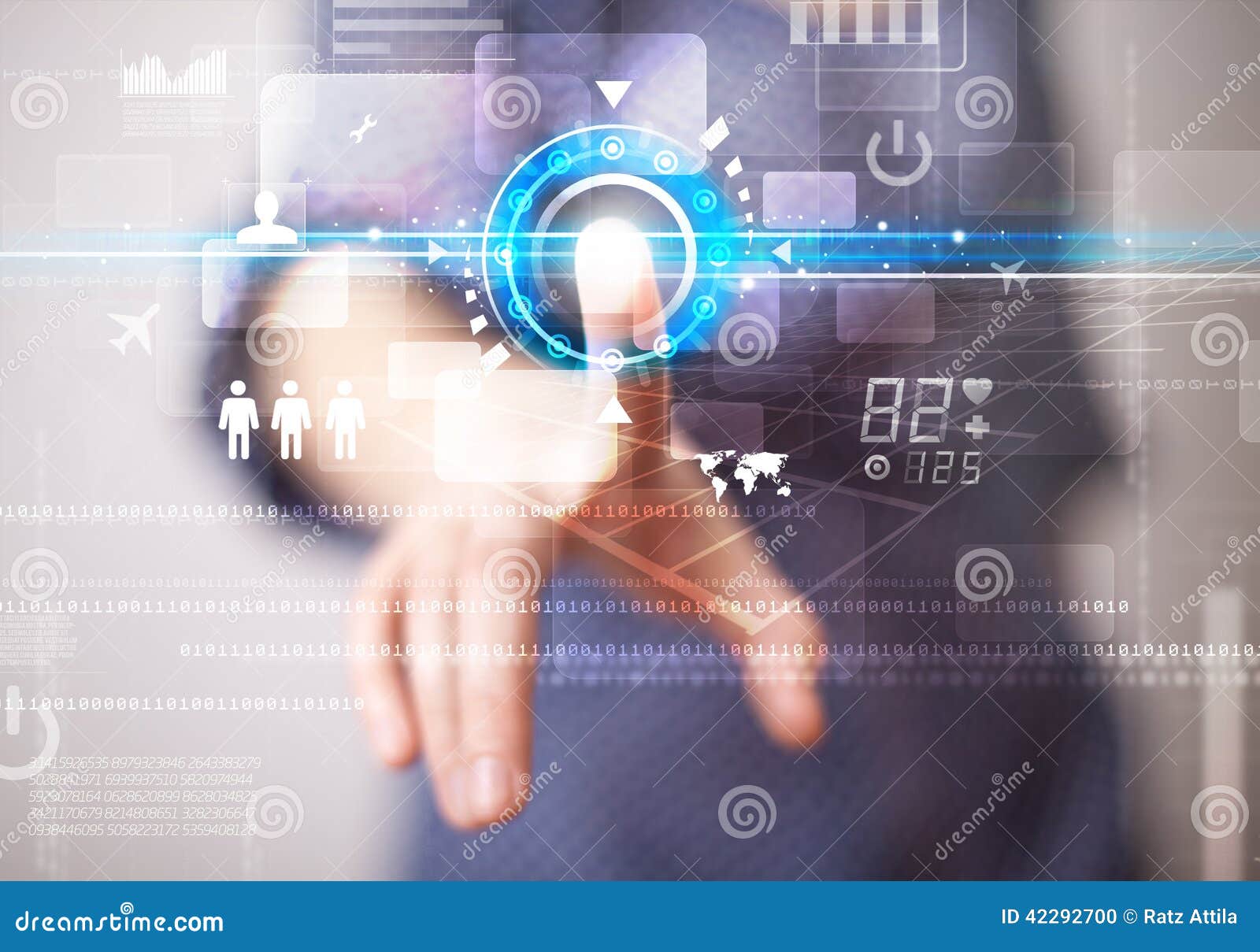 Young Business Woman Touching Future Web Technology Buttons and Stock ...