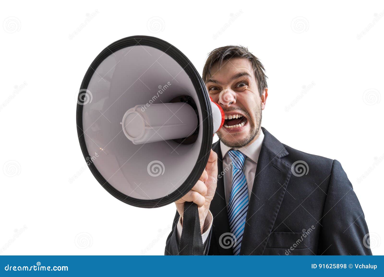 Young Businessman is Announcing a Message and Shouting To Megaphone ...