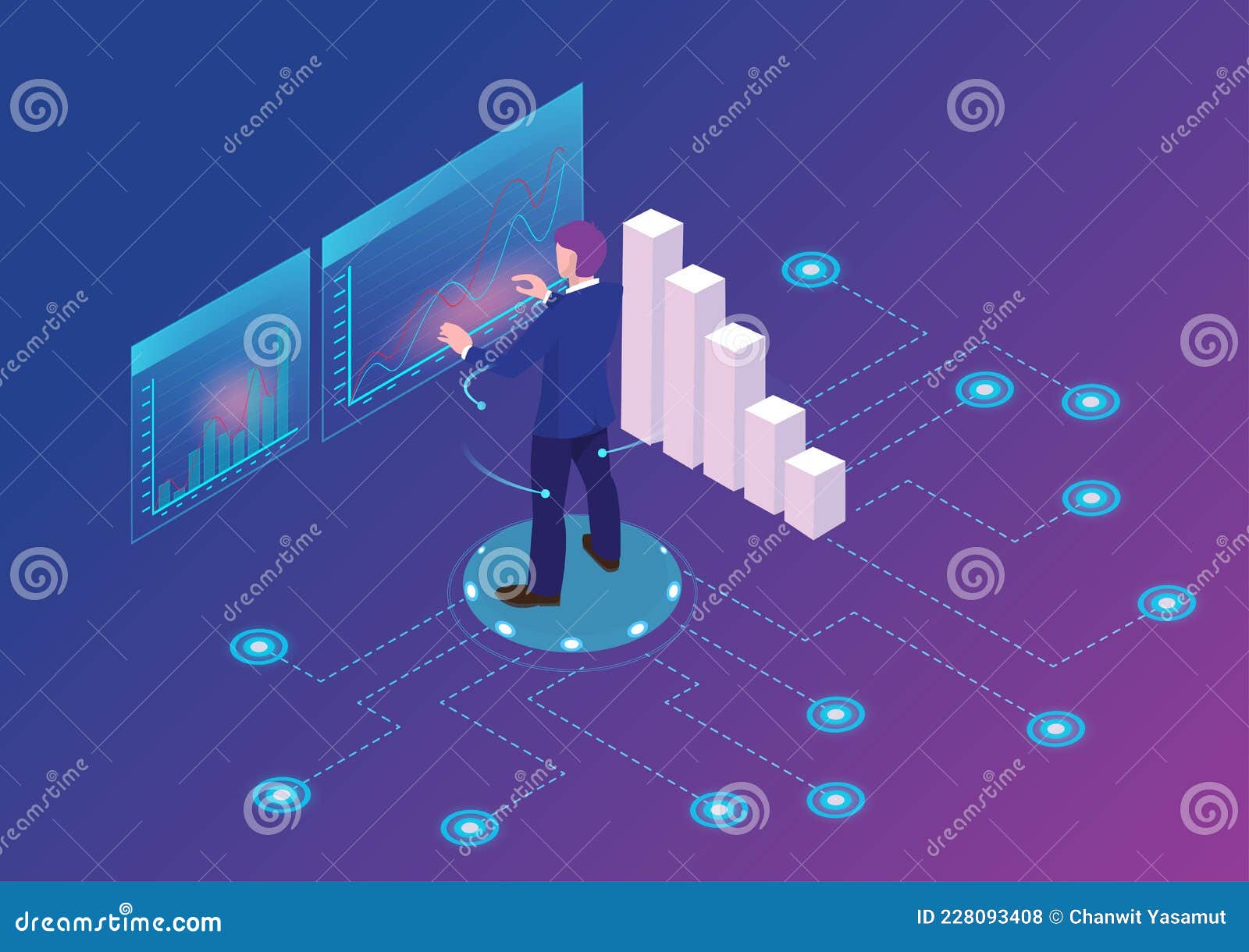 Young Businessman Big Screen Controls for Data Analysis Statistics and ...
