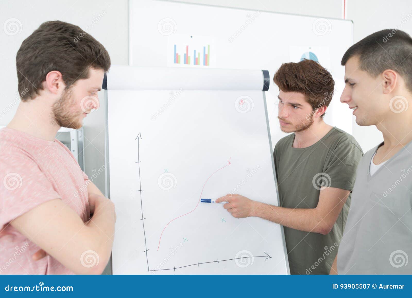 Young Businessman Explaining Chart on Whiteboard To Colleagues Stock ...