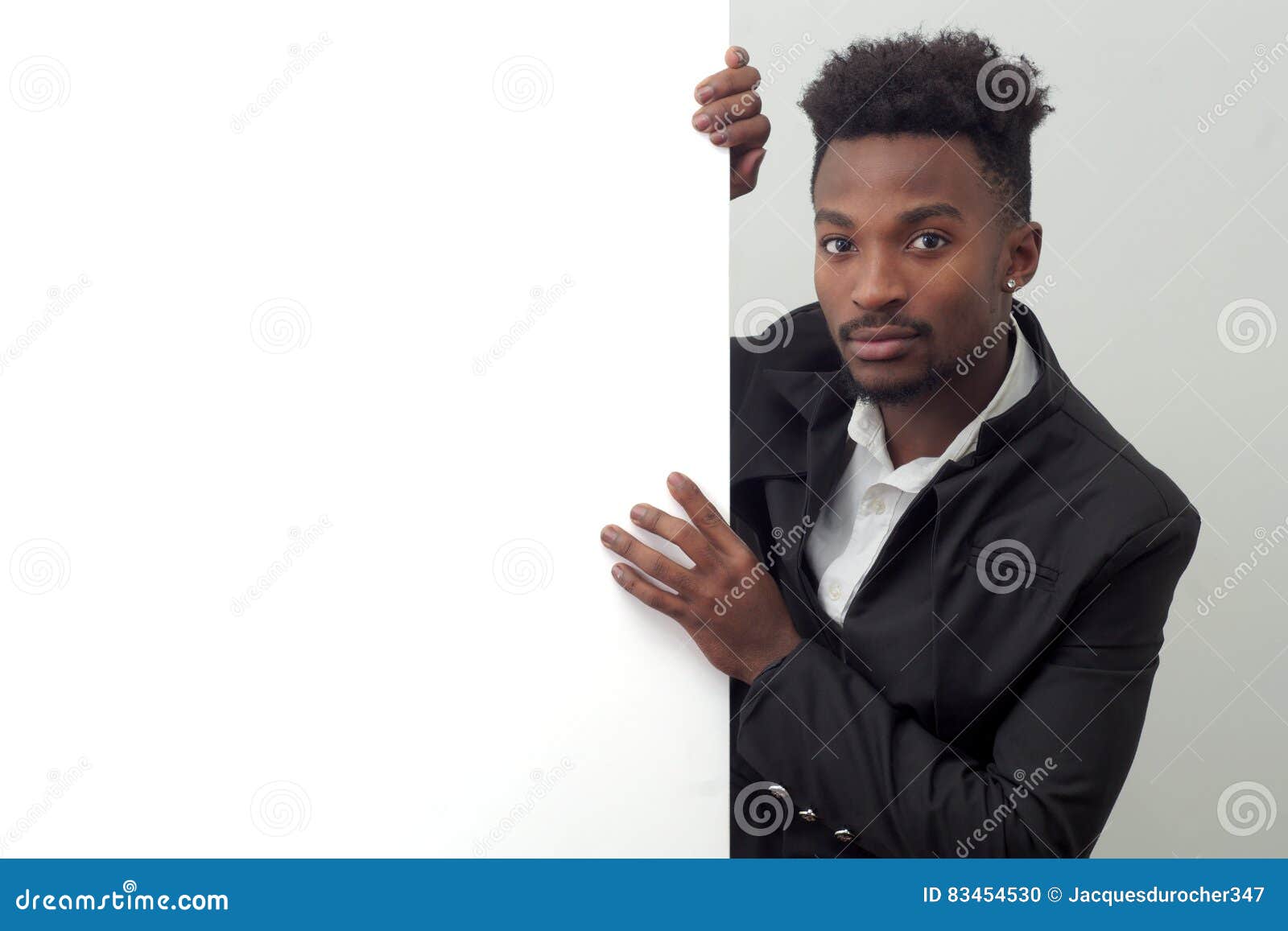 Young Businessman Holding White Panel Presenting Display Page Stock ...