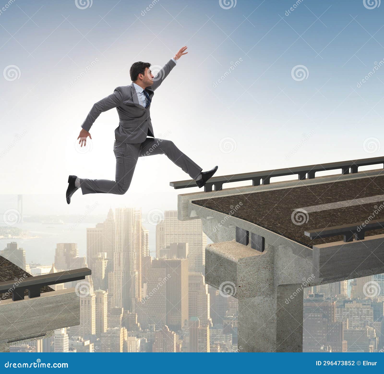 Young Businessman Jumping Over the Bridge Stock Photo - Image of escape ...