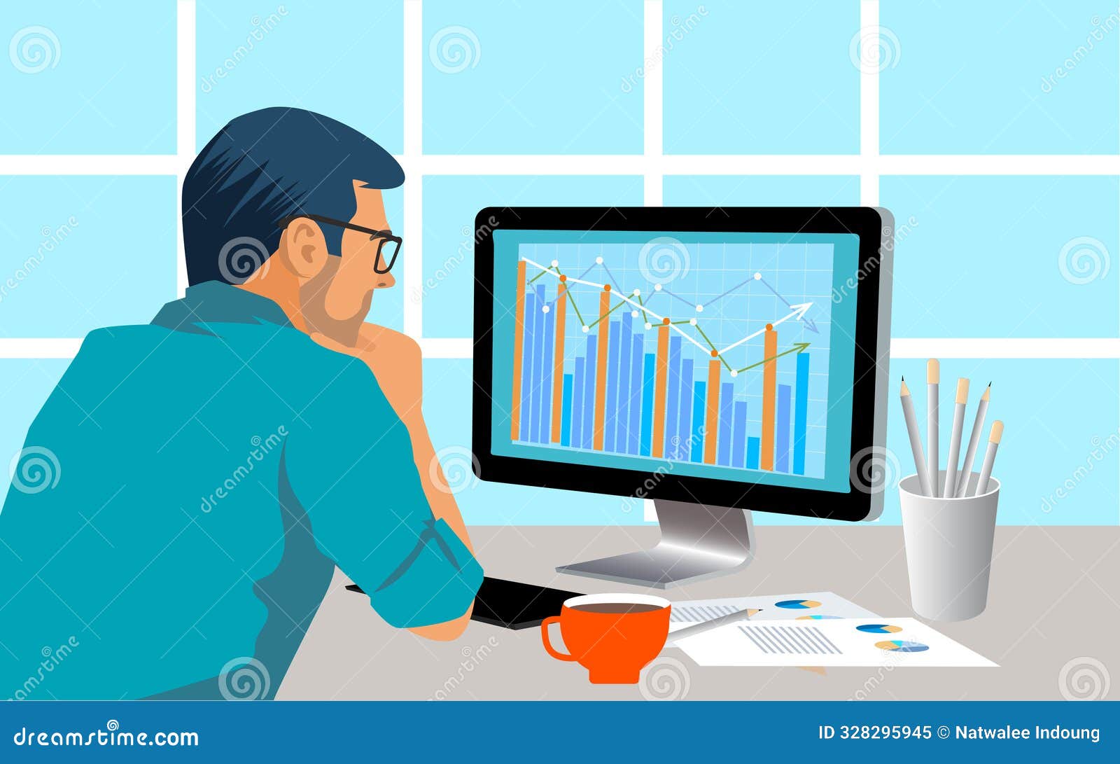 Young Businessman Looking at Business Graph on the Computers in the ...