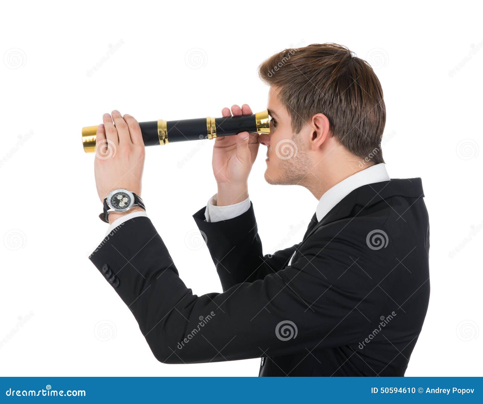 Young Businessman Looking through Handheld Telescope Stock Photo ...