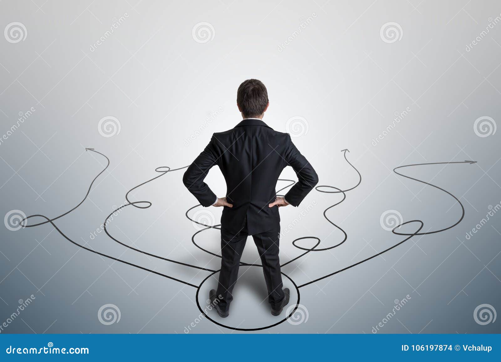 Young Businessman is Making Decision and Selecting Strategy. View from ... Young Businessman is Making Decision and Selecting Strategy. View from ...
