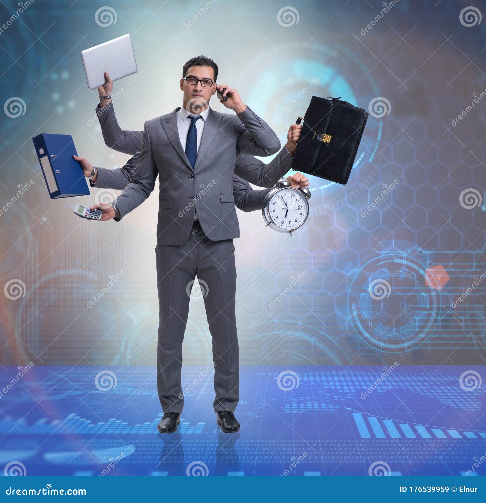 Young Businessman in Multitasking Concept Stock Image - Image of arms ...