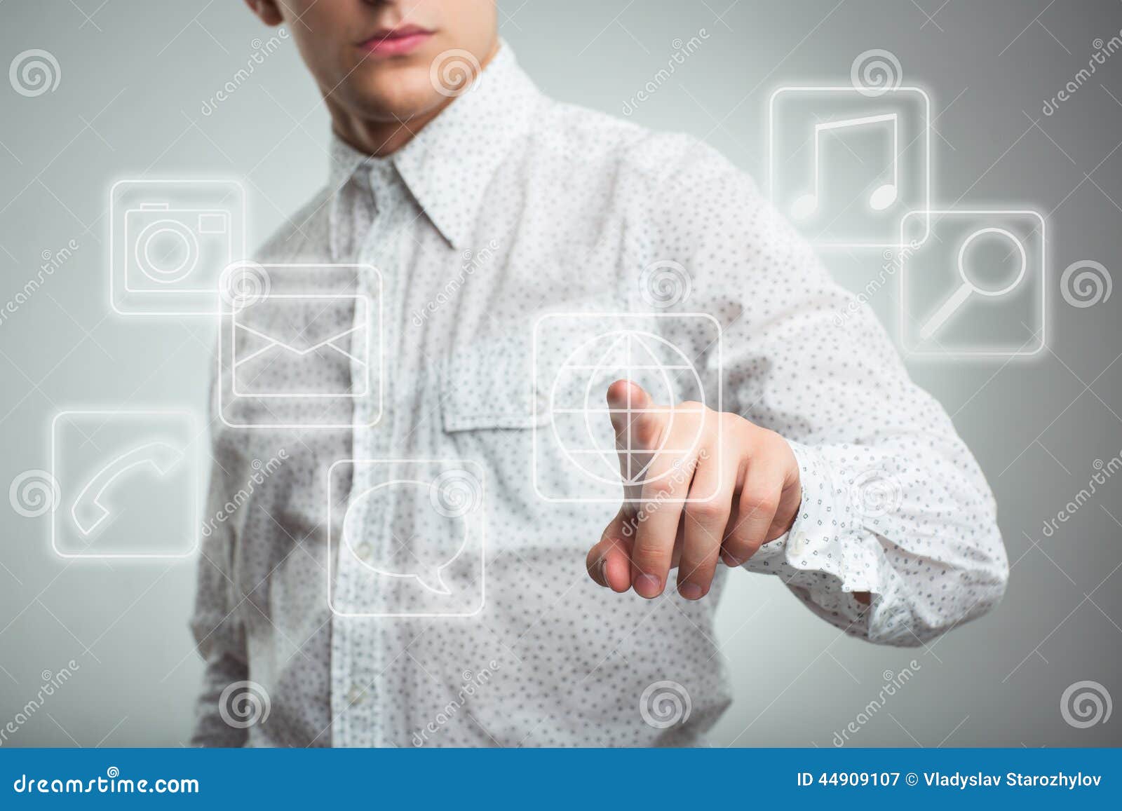 Young Businessman Pressing Application Button on Computer with T Stock ...