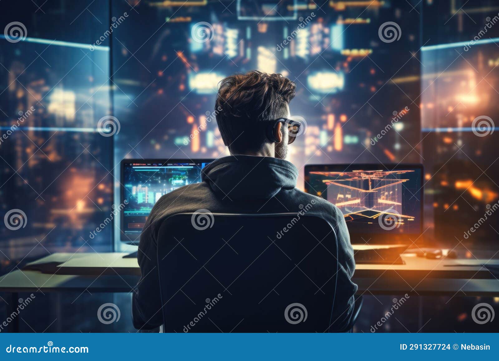A Young Businessman Sits in Front of a Computer Surrounded by Neon ...