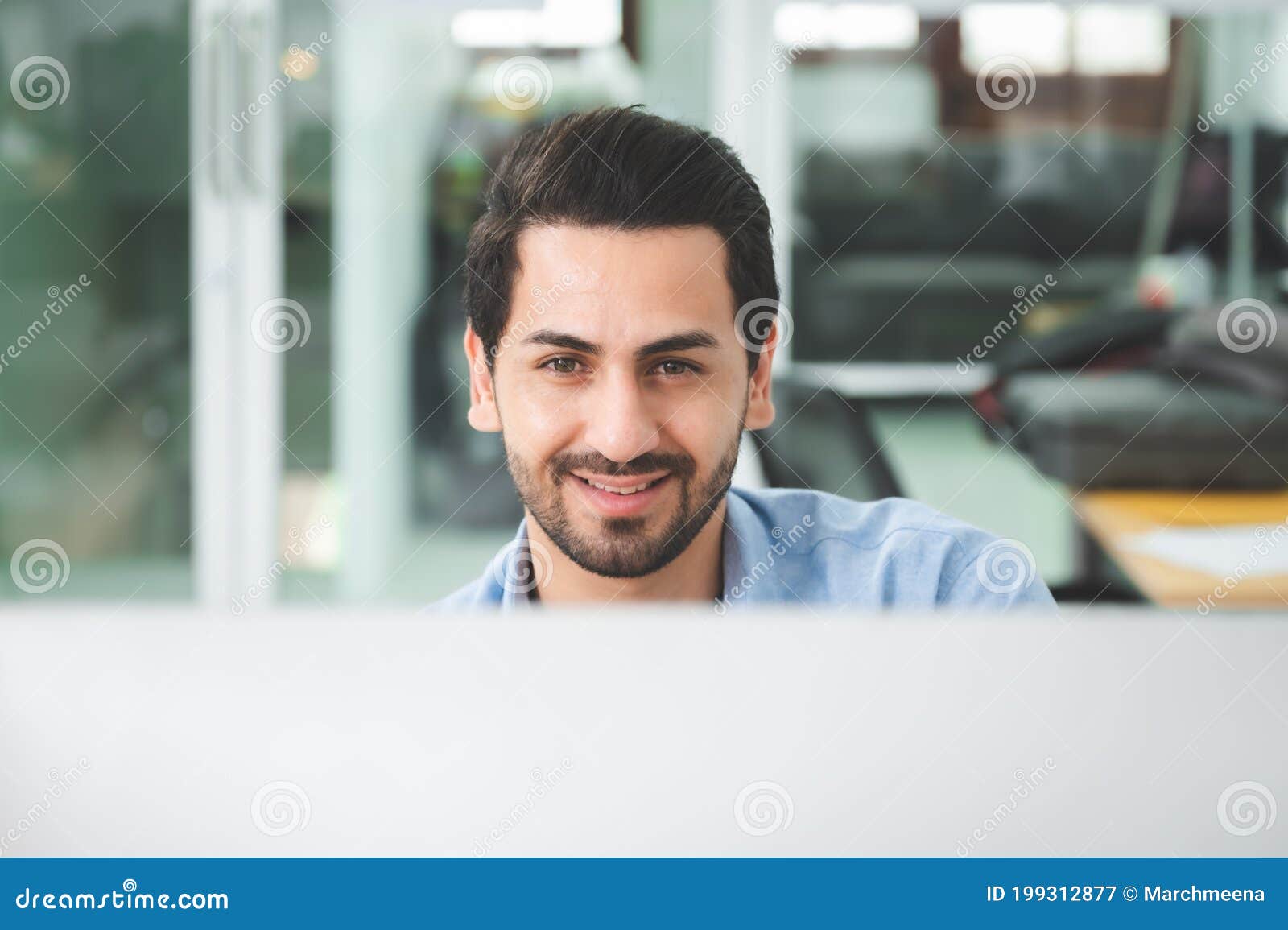 Young Businessman Smile and Happy Working and Looking on Computer Stock ...