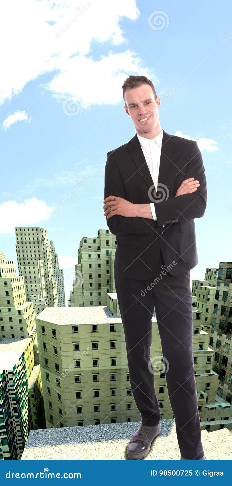 Young Businessman on Top of Rendered Building Stock Image - Image of ...