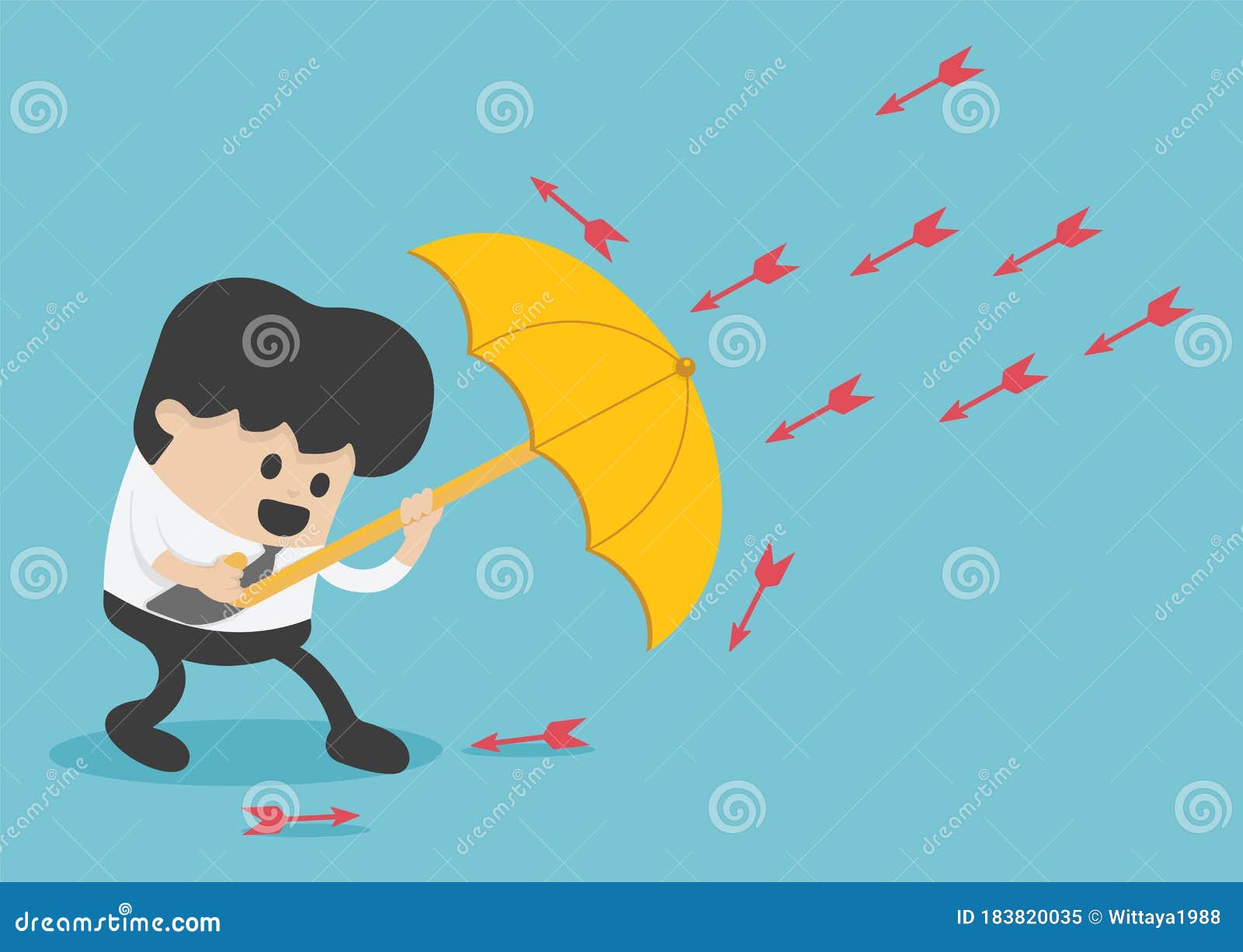Young Businessman Use Umbrella To Protecting Arrow Down Vector Stock ...