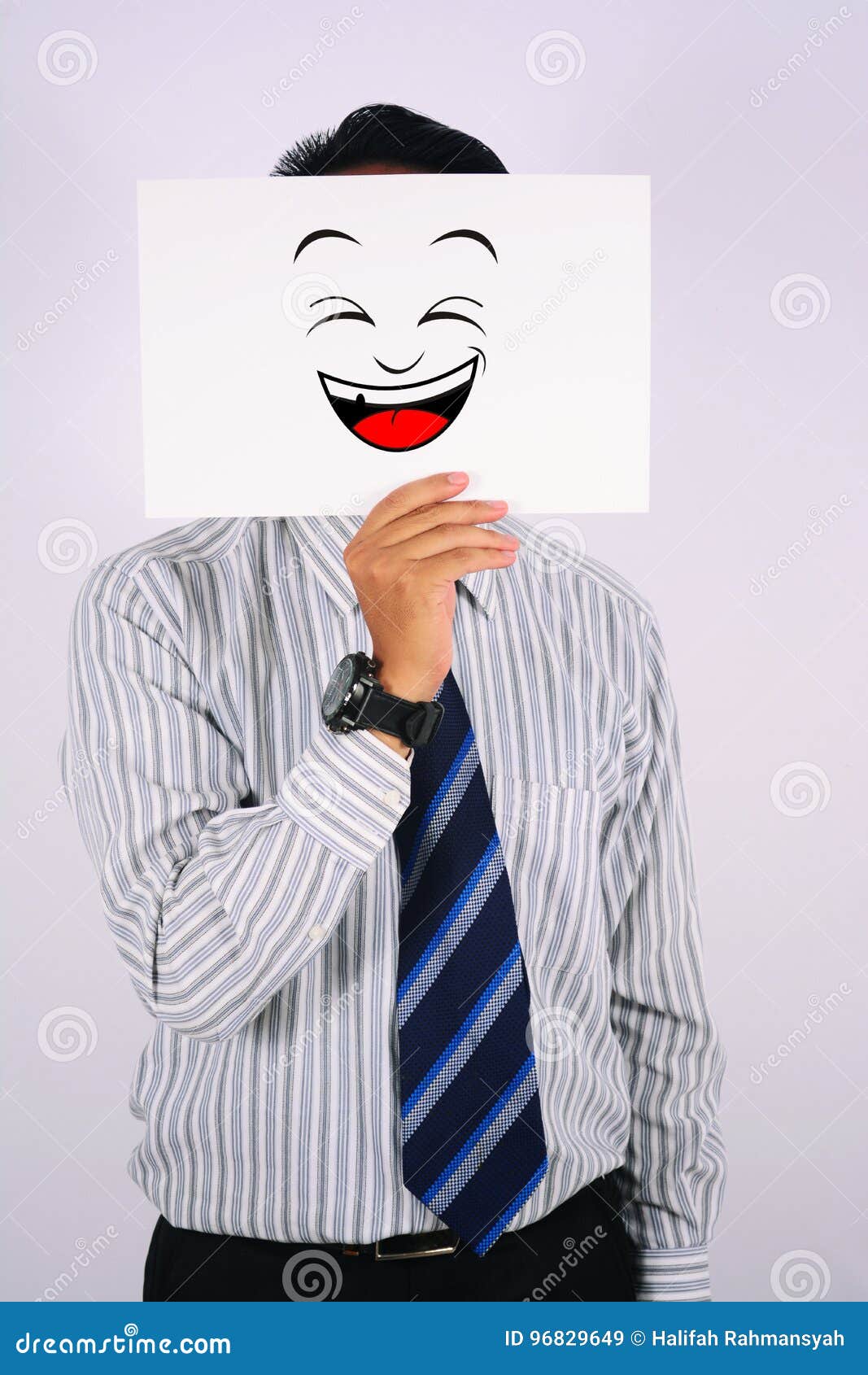 Young Businessman Wearing Laugh Mask Isolated on White Stock Image ...