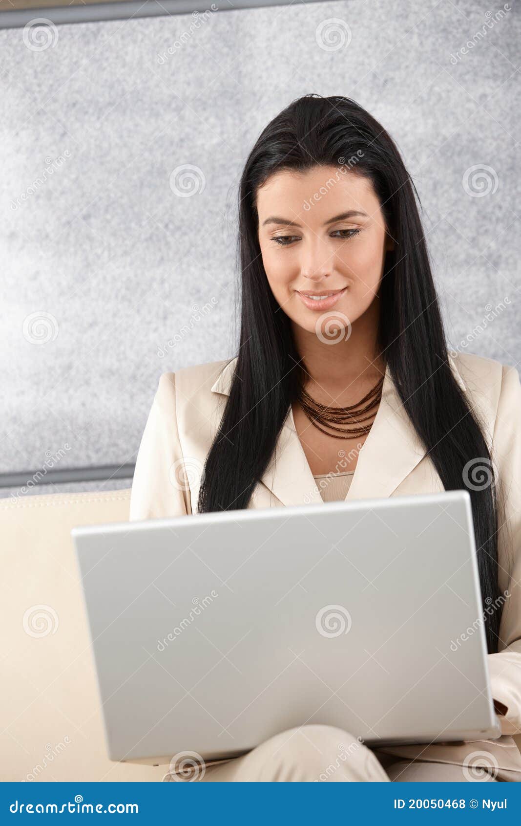 Young Businesswoman Browsing Internet Smiling Stock Photo - Image of ...