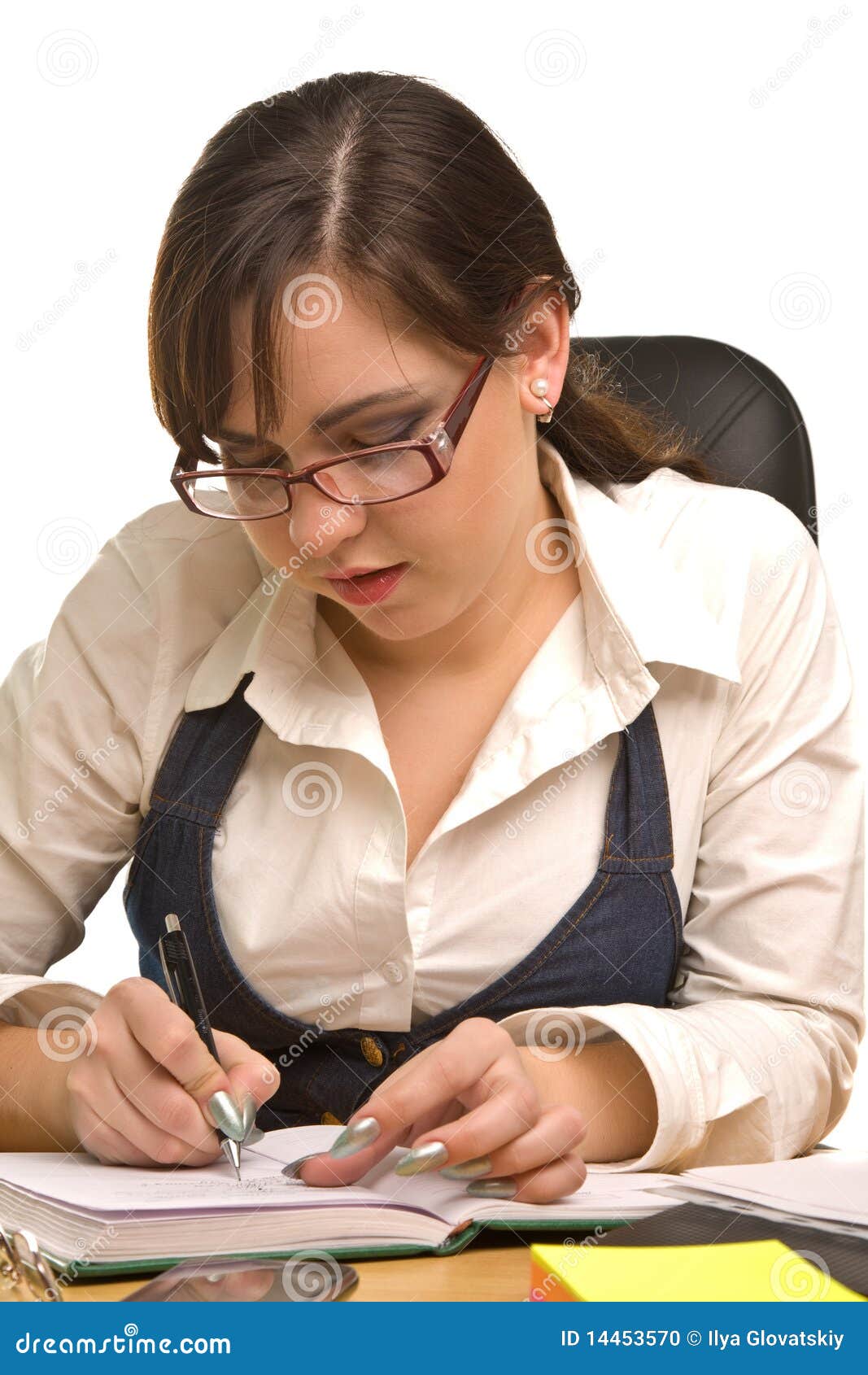 Young Businesswoman in Glasses Writing Stock Photo - Image of ...