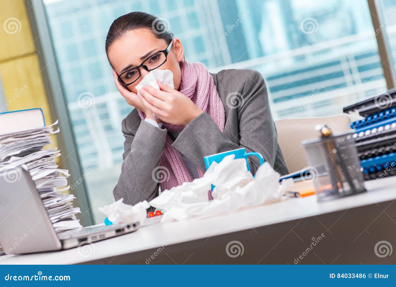 The Young Businesswoman Sick in the Office Stock Photo - Image of pills ...