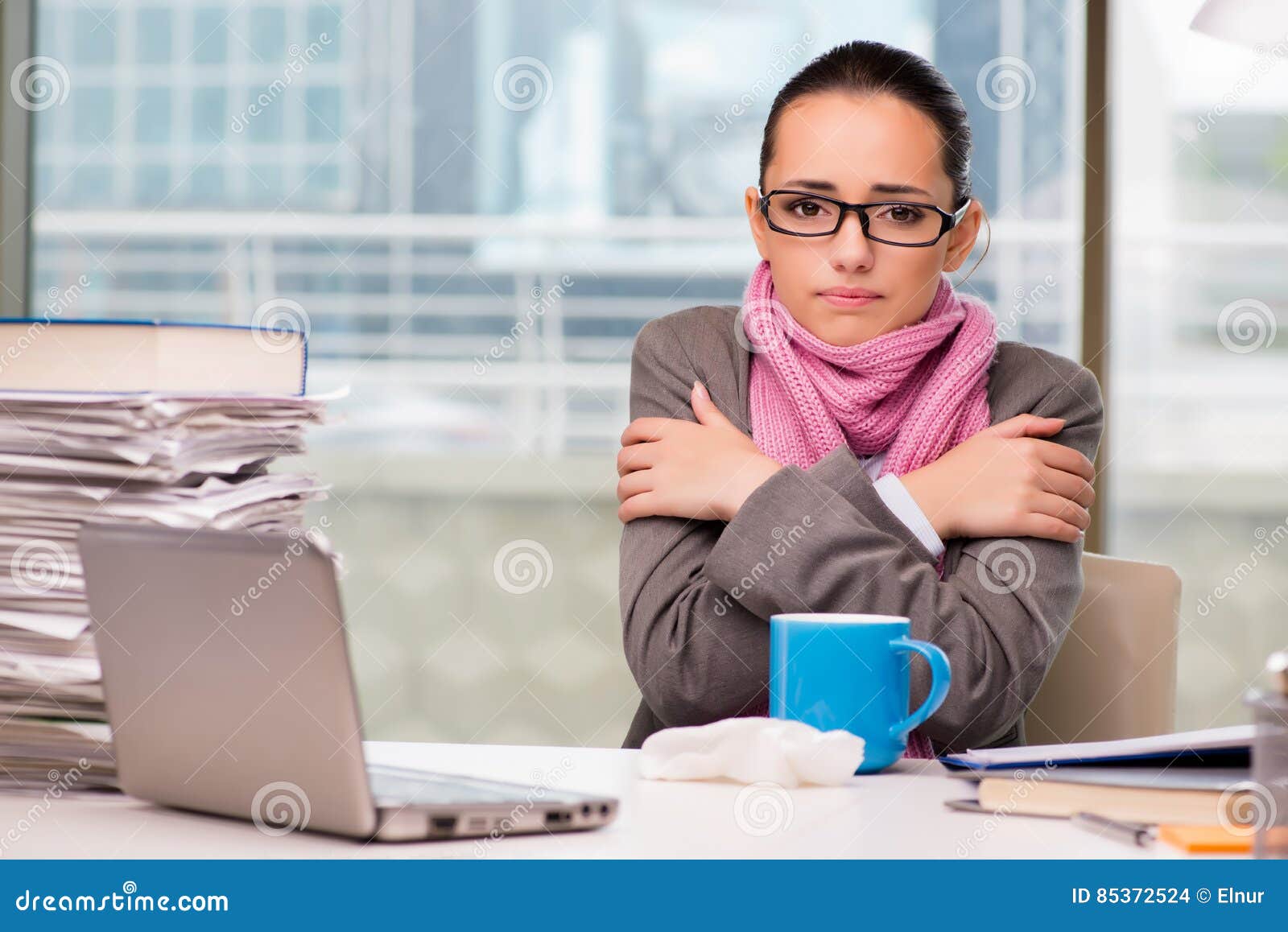 The Young Businesswoman Sick in the Office Stock Photo - Image of ...
