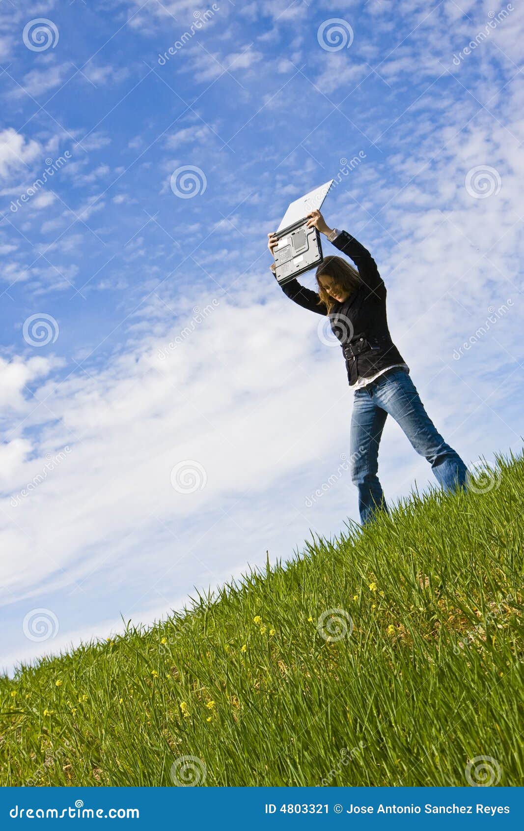 Young Businesswoman Throwing Laptop Stock Image - Image of blue, blonde ...