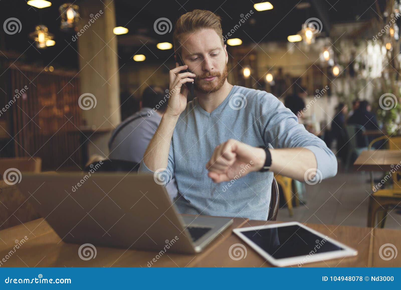 Young Busy Man Having Phone Call in Cafe Stock Photo - Image of ...