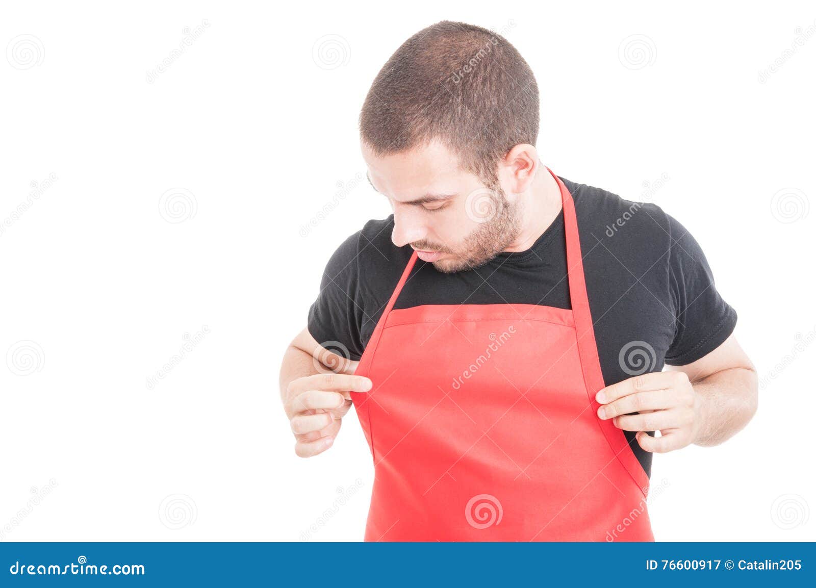 Young Butcher Adjusting His Red Apron Stock Image - Image of sales ...