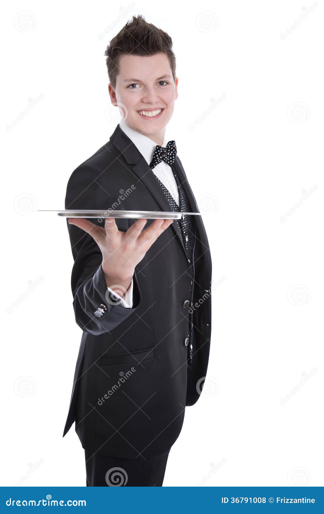 Young Butler or Waiter in Black Suit Isolated on White Stock Photo ...