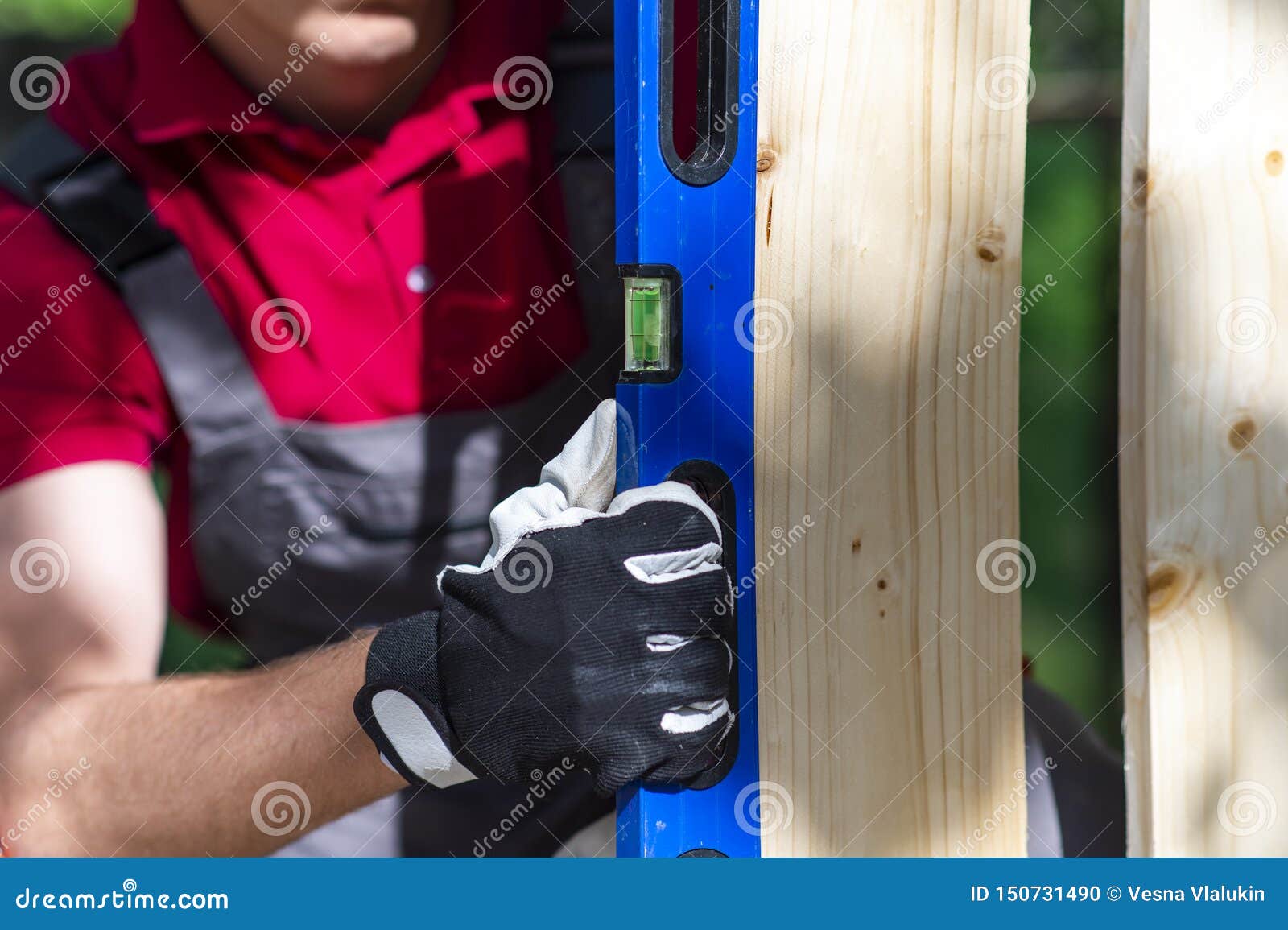 Young Carpenter Measuring Wood Using Water Spirit Level in His Work ...
