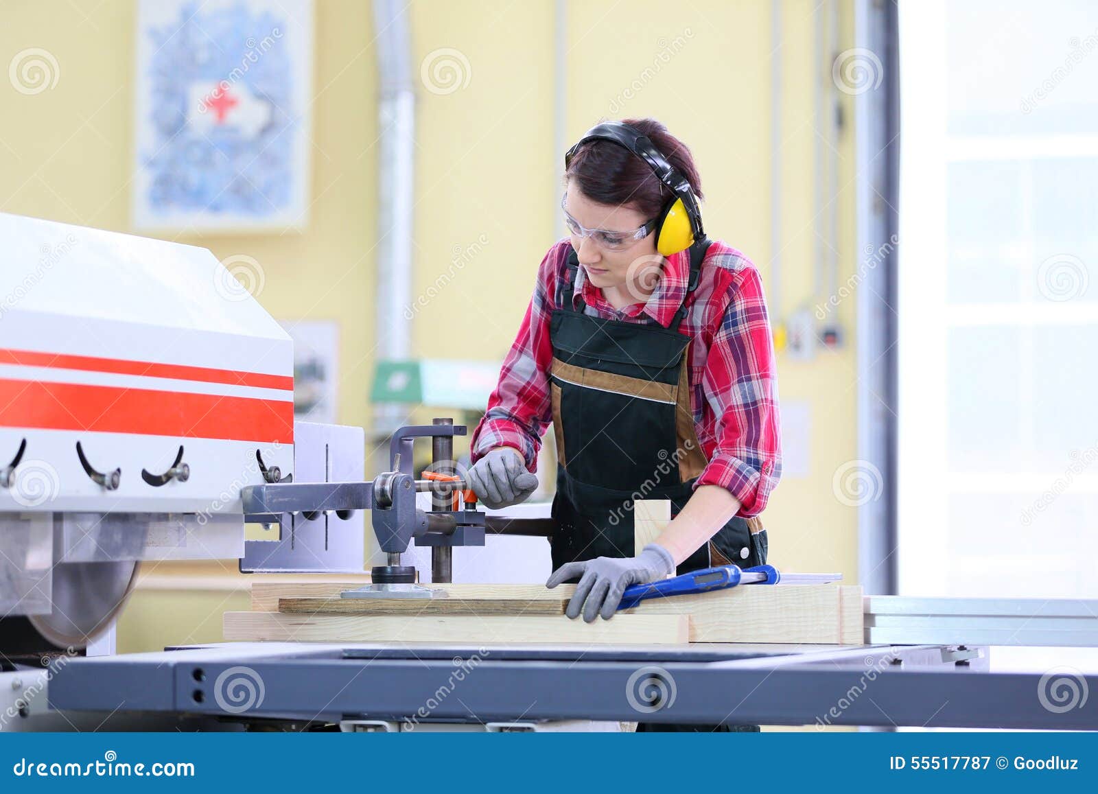 Young Carpenter Using Sawing Machine Stock Image - Image of indoors ...
