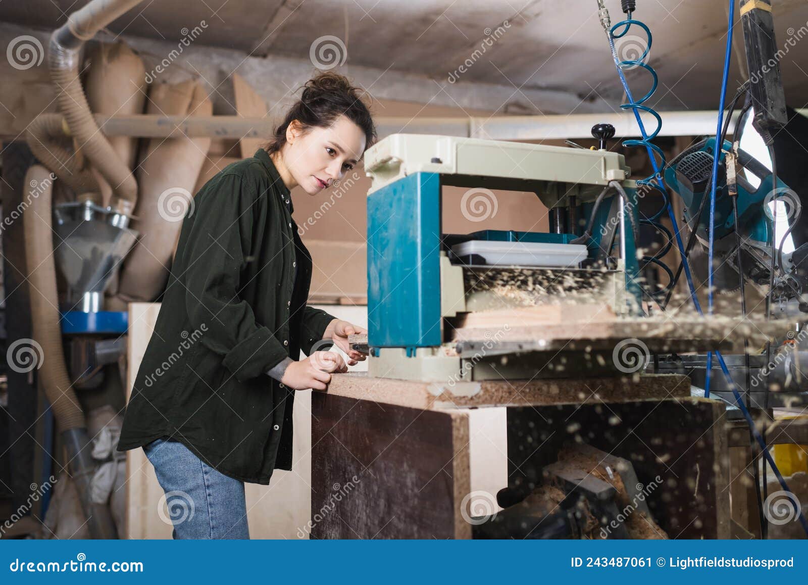Young Carpenter Working with Thickness Planer Stock Image - Image of ...