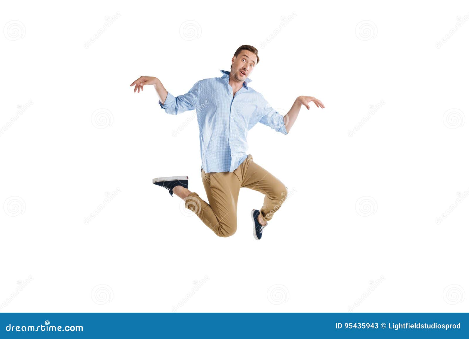 Young Casual Man Jumping with Funny Expression Stock Image - Image of ...