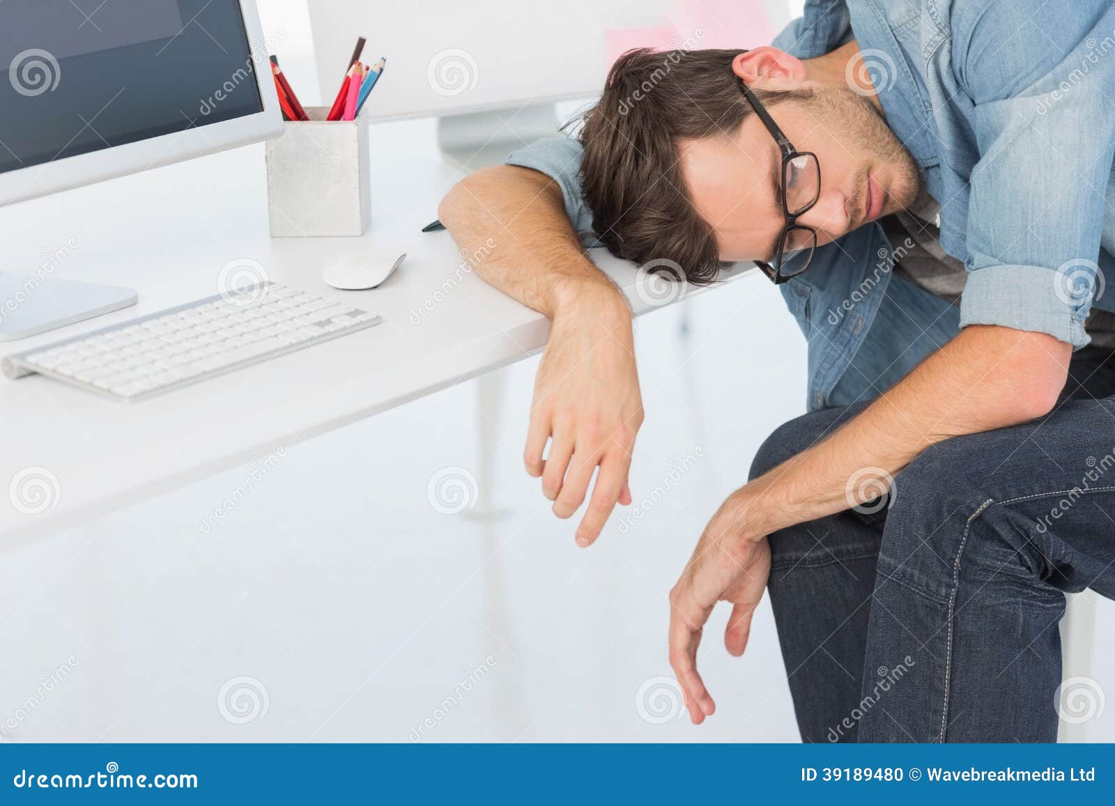 Young Casual Man Sleeping in Front of Computer Stock Photo - Image of ...