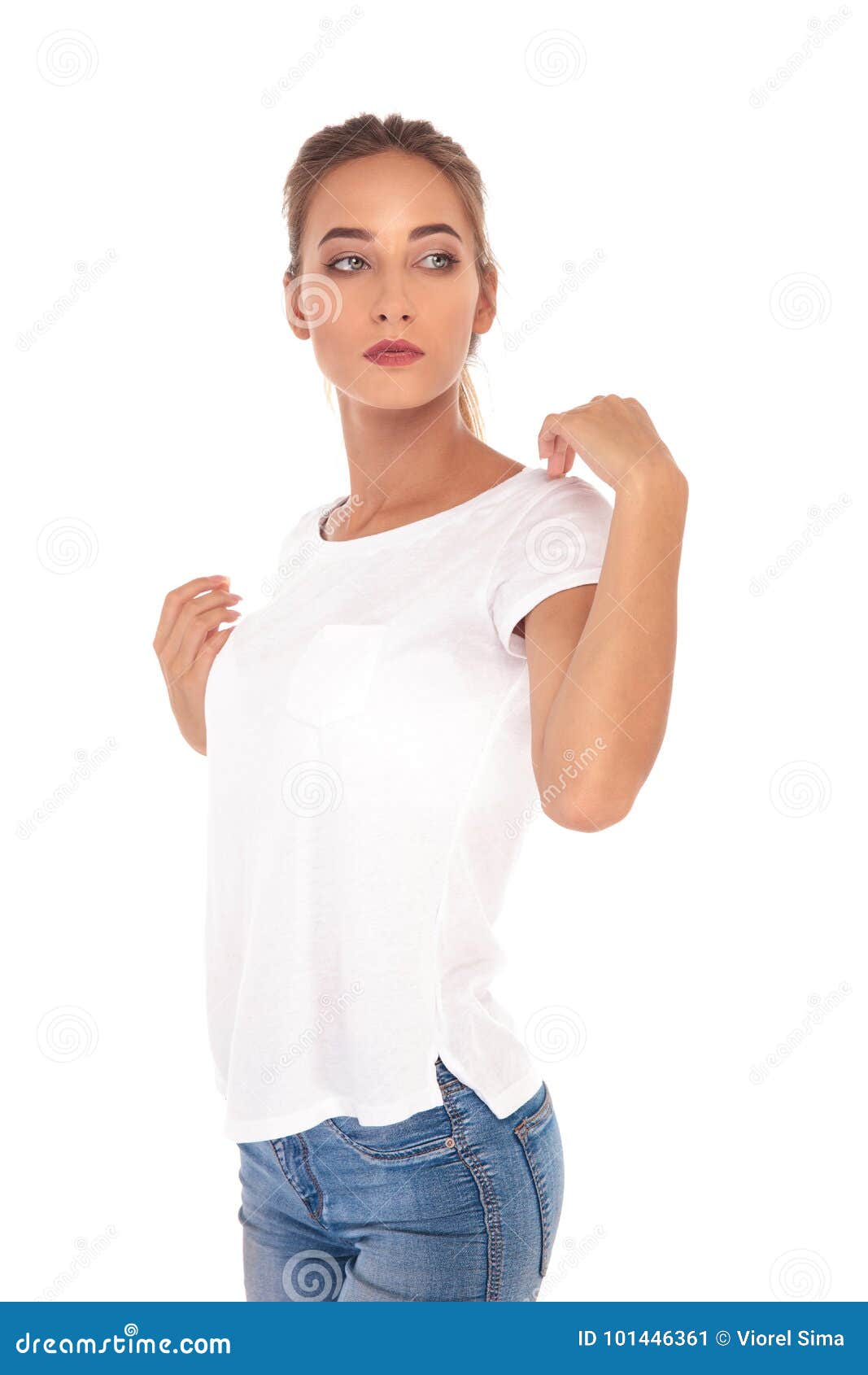 Young Casual Woman Posing with Hands on Shoulders Stock Image - Image ... Young Casual Woman Posing with Hands on Shoulders Stock Image - Image ...