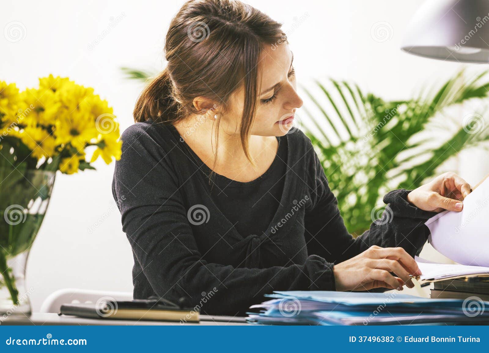 Young Casual Woman Reviewing Some Documents in Office. Stock Photo ...