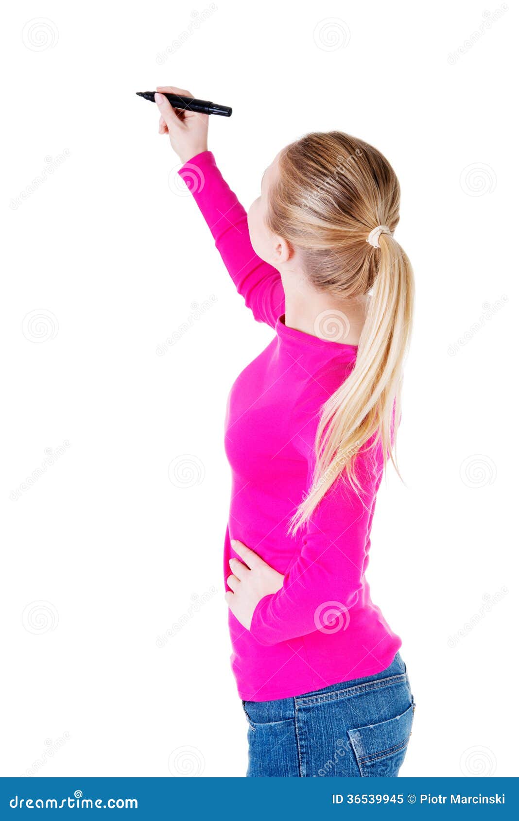 Young Casual Woman Writing on Copy Space. Stock Image - Image of ...
