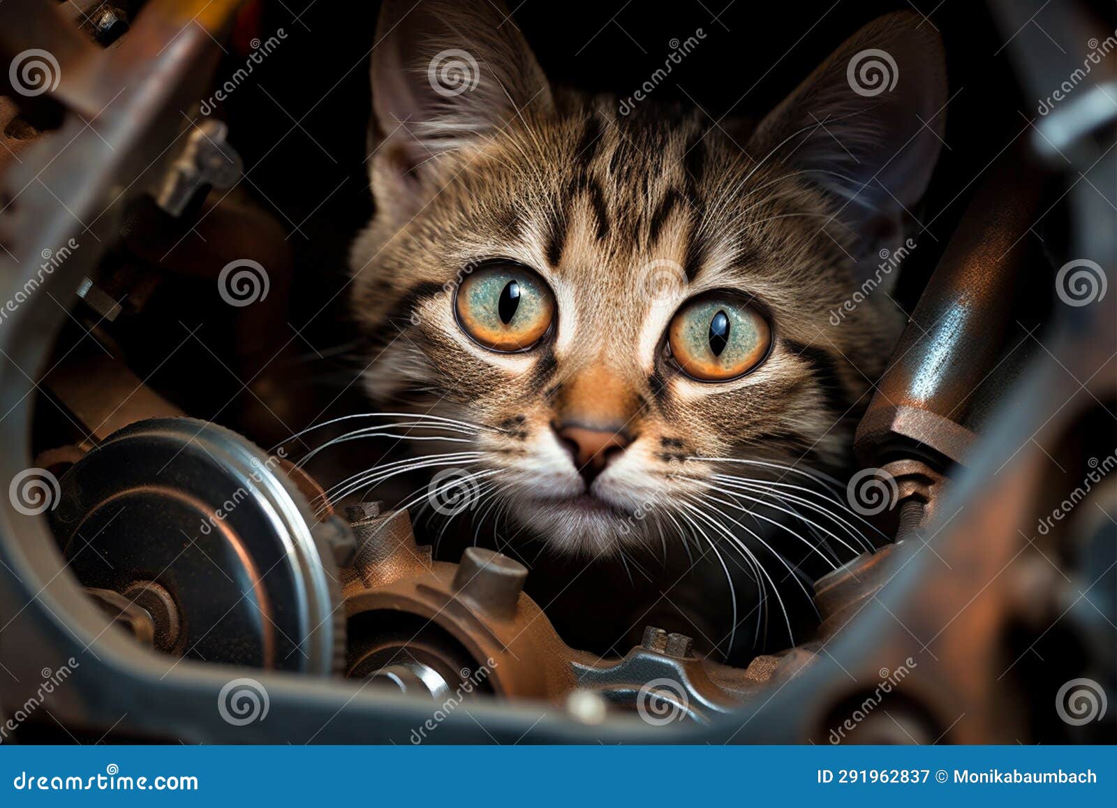Tabby Cat Hiding in Car Engine Stock Illustration - Illustration of ...