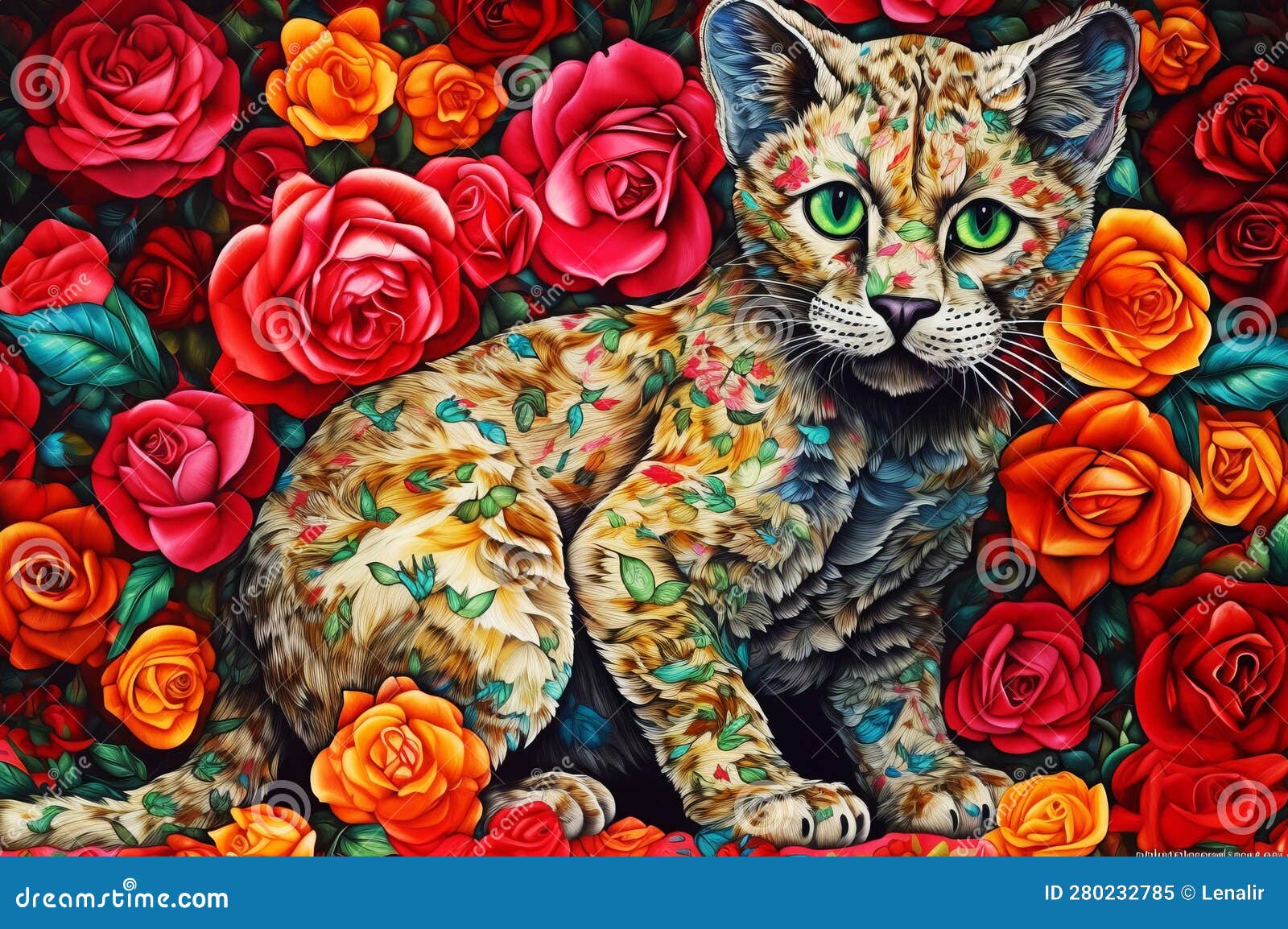 Young Cat among Red Roses in Psychedelic Style Stock Image - Image of ...