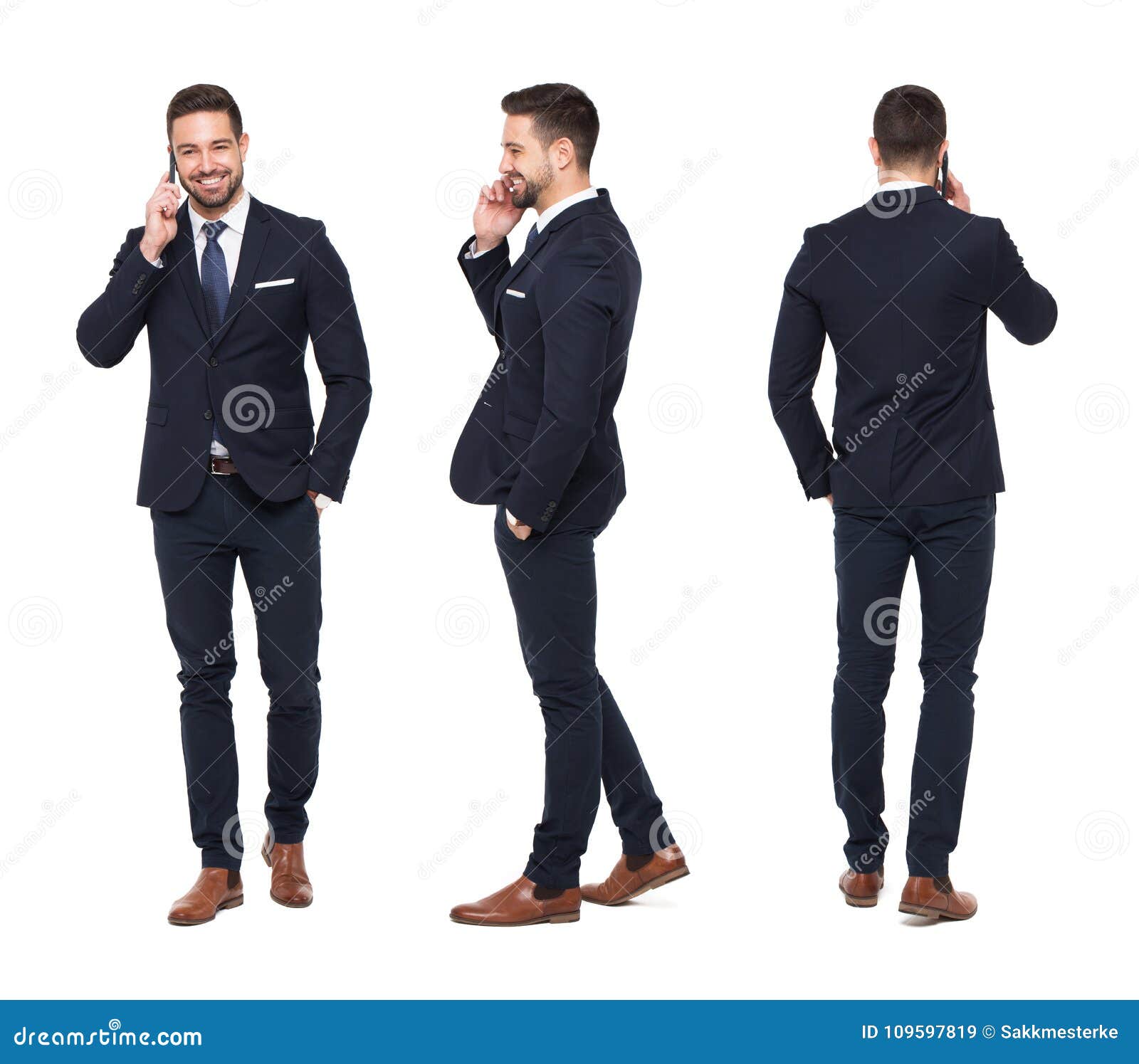 Young Caucasian Businessman Calling Front Side Back View Isolate Stock