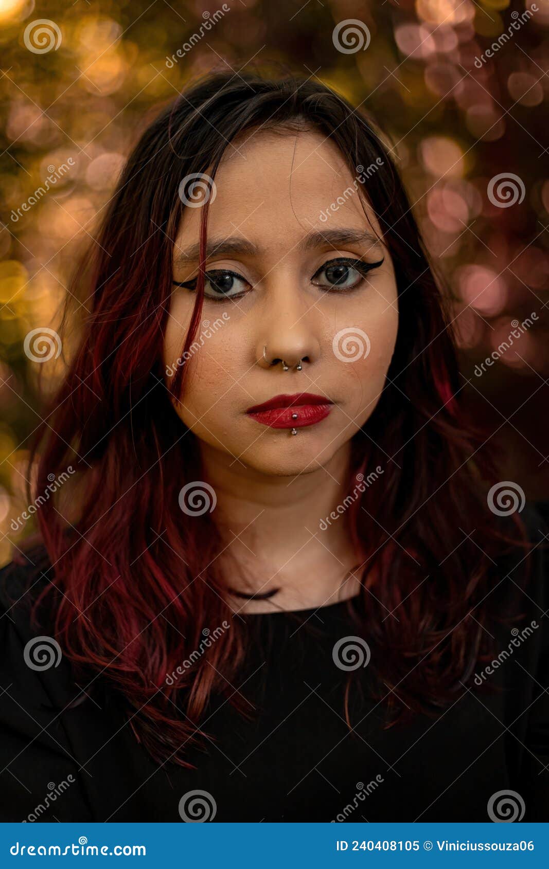 Young Caucasian Dark Haired Girl With Red Streaks In Black Dress Outfit