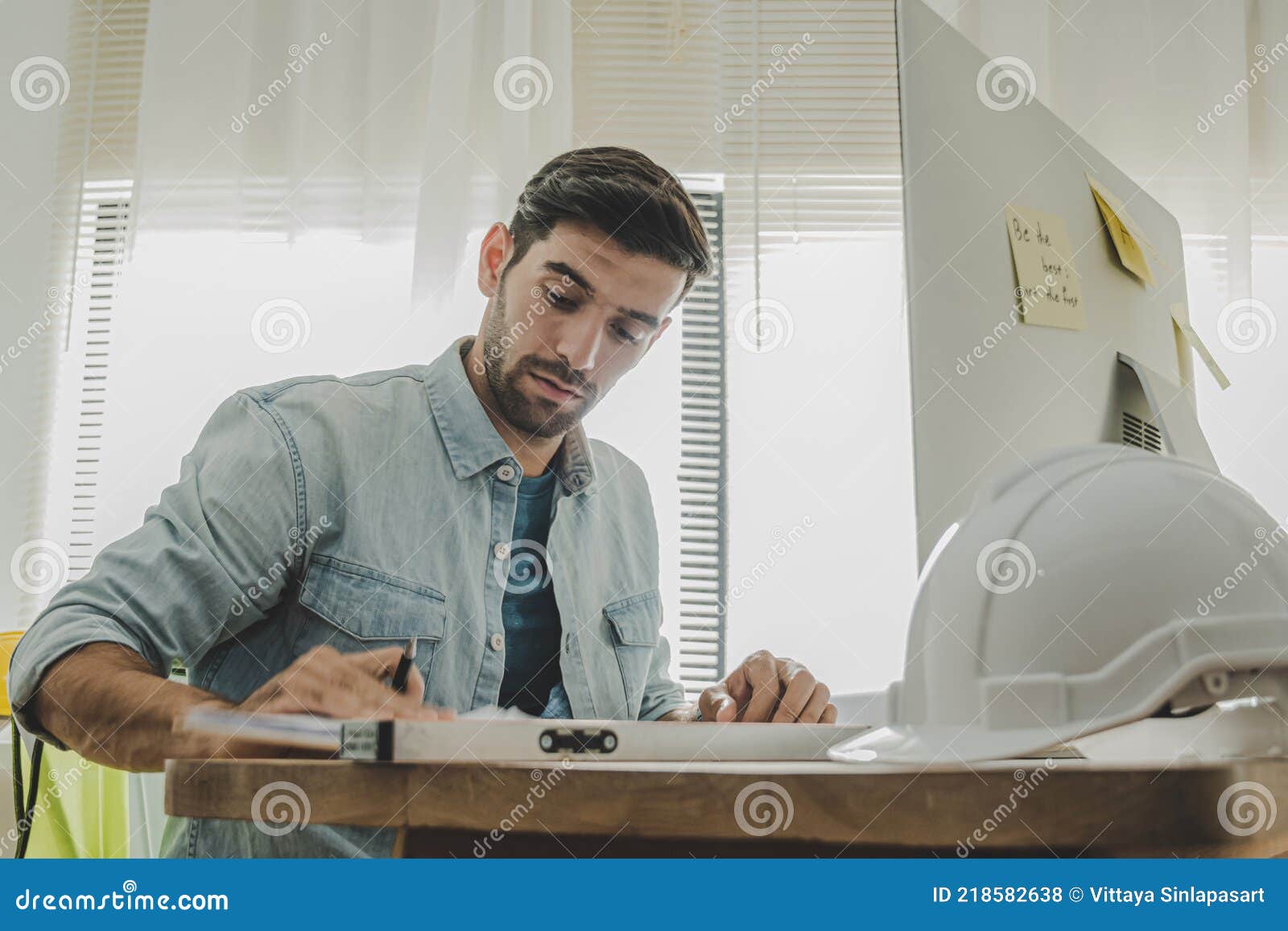 Young Caucasian Engineer, Architect, Contractor Thinking Working about ...