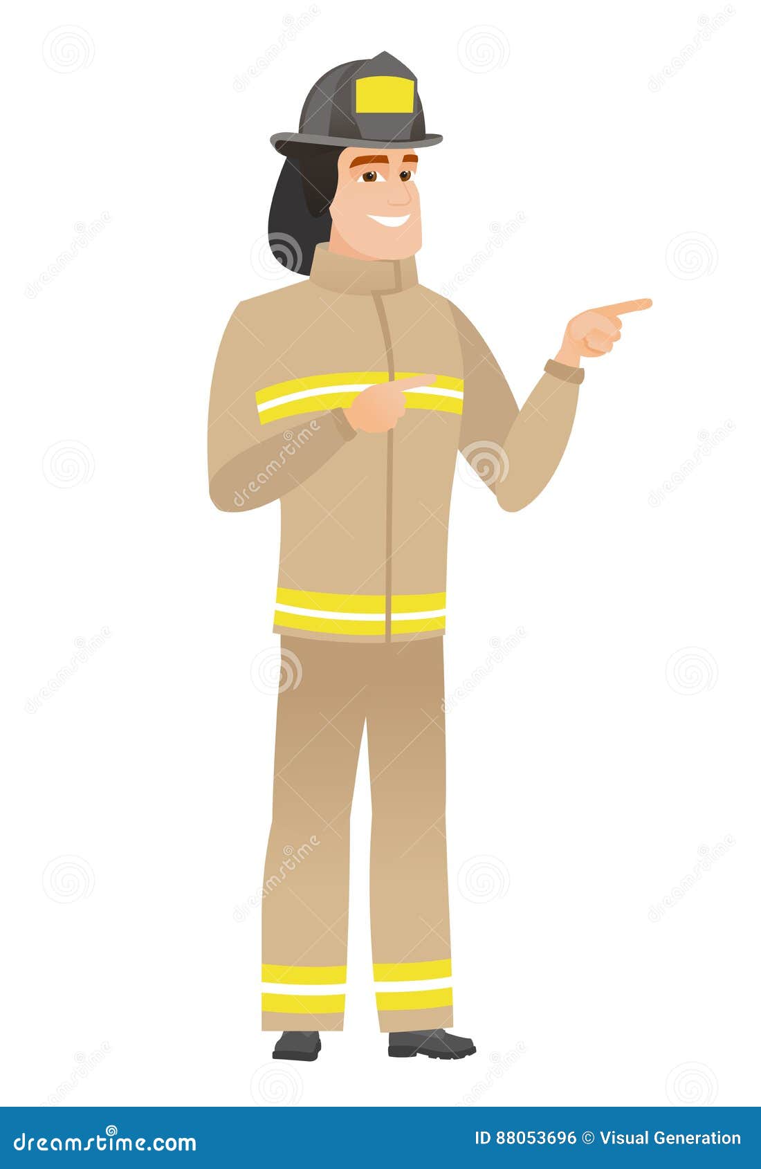 Young Caucasian Firefighter Pointing To the Side. Stock Vector ...