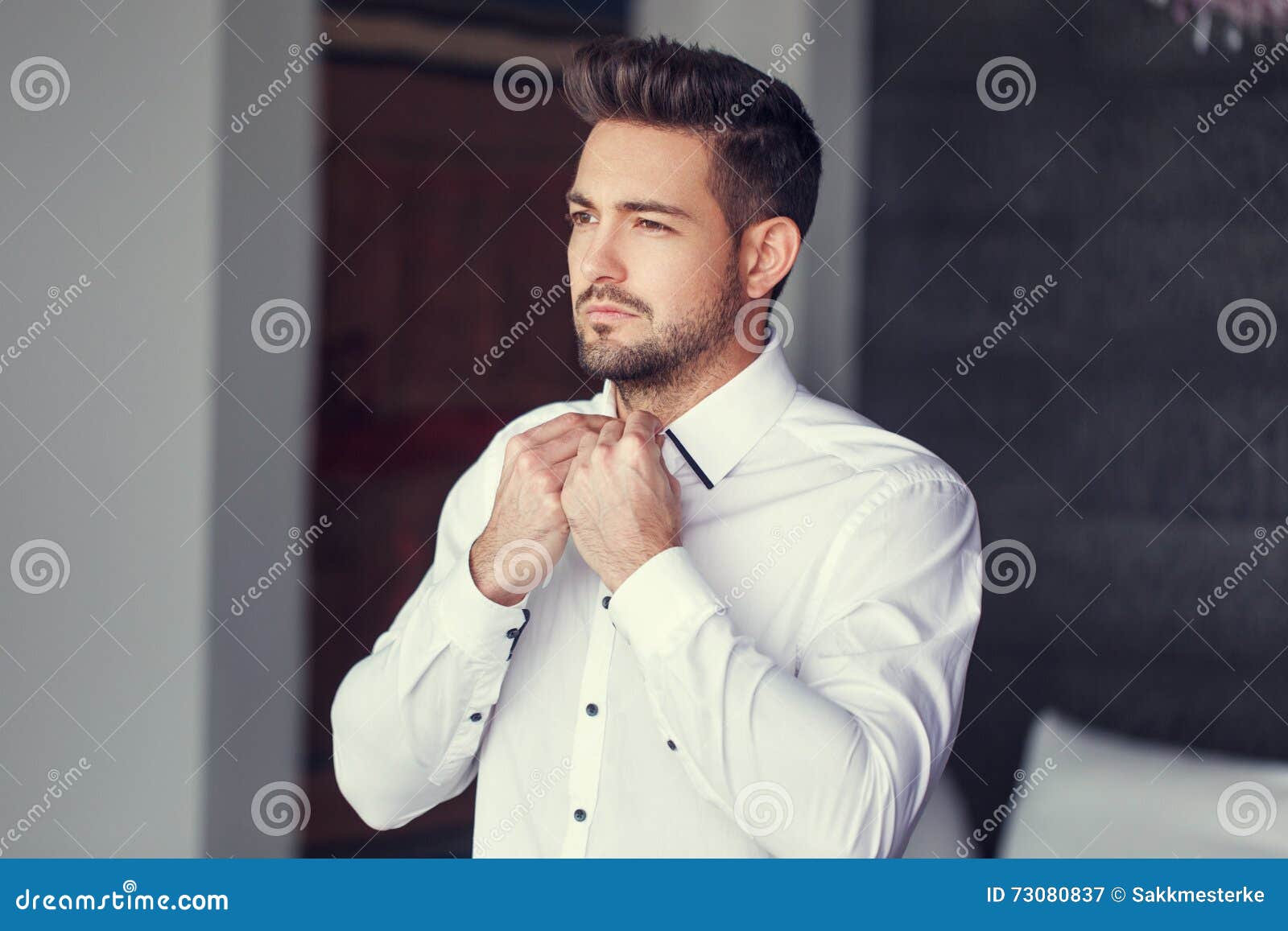 Young Caucasian Man Dressing Put on Shirt Stock Image - Image of rich ...