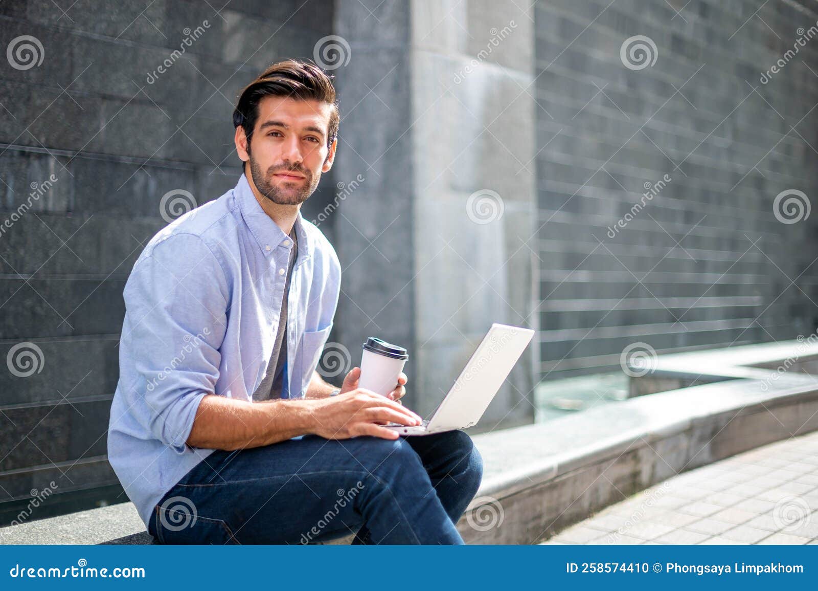 Young Caucasian Man Looking Camera while Working on Freelance Project ...