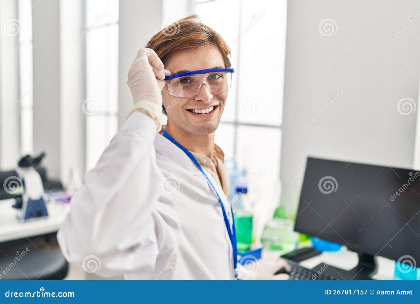 Young Caucasian Man Scientist Smiling Confident Using Computer at ...